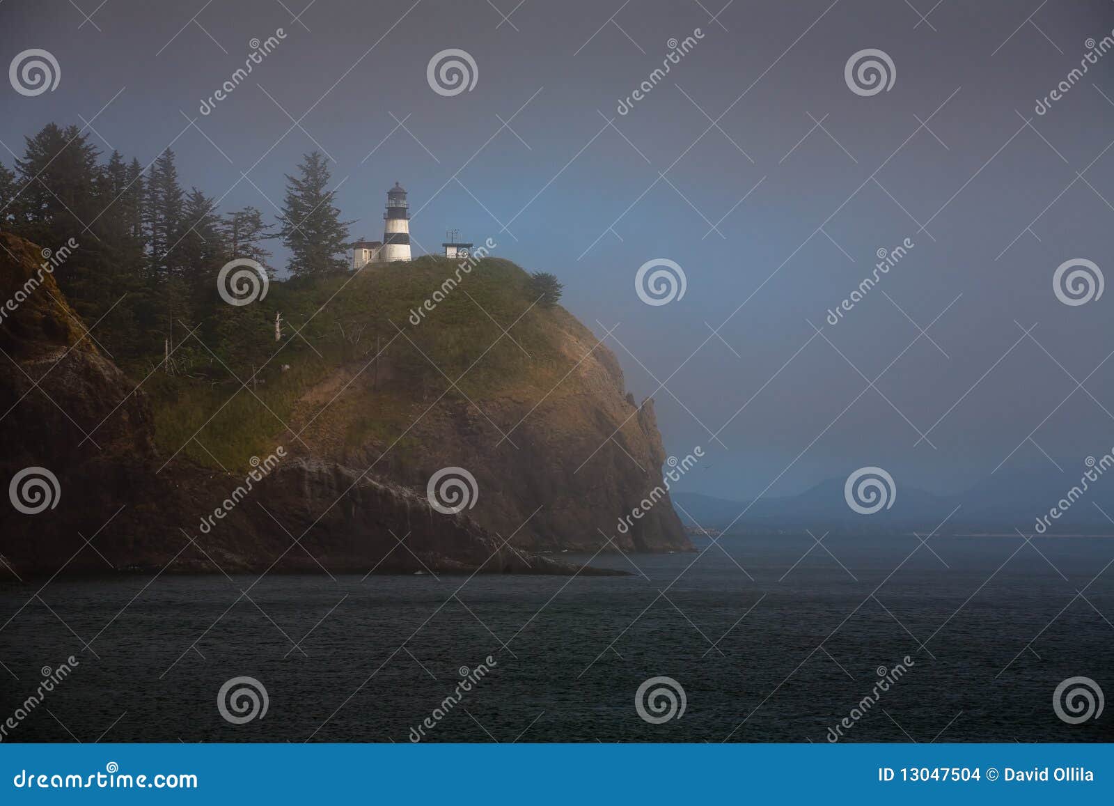 Lighthouse on Cliff Above Foggy Calm Ocean Stock Photo - Image of rocks ...