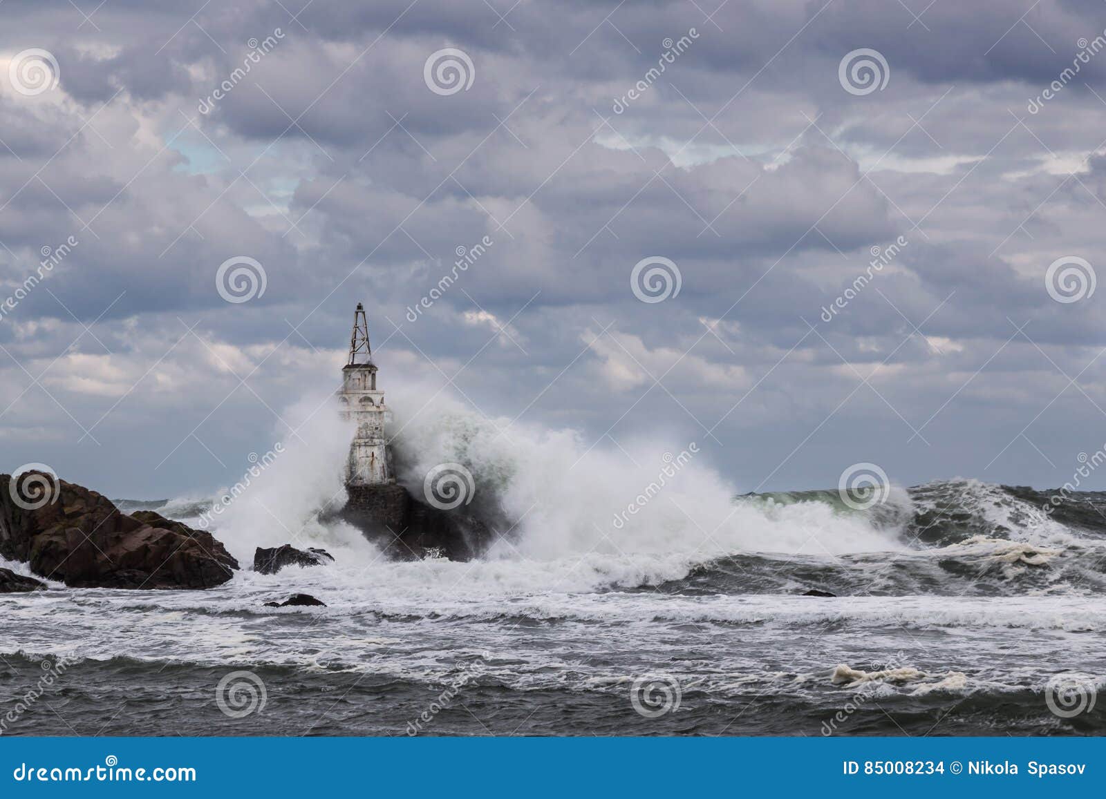 Lighthouse on the Cliff and Big Waves Stock Photo - Image of port ...