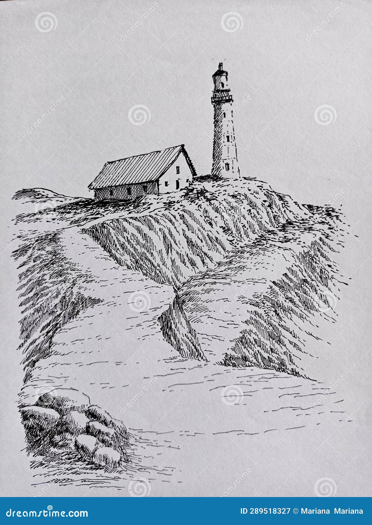 Lighthouse on the Cliff. Drawn by Black Pen Stock Image - Image of ...