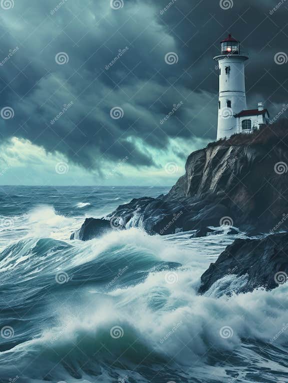 A Lighthouse on a Cliff by the Ocean Stock Illustration - Illustration ...