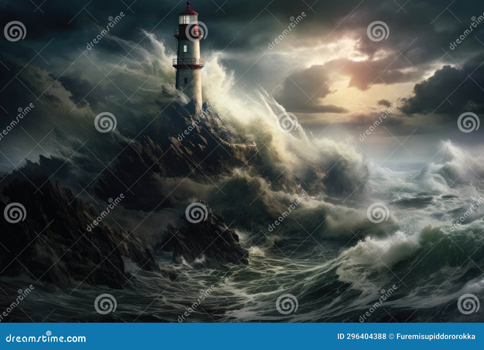 Lighthouse on a Cliff during a Storm Stock Illustration - Illustration ...