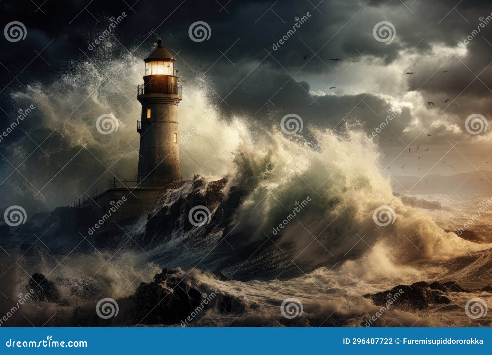Lighthouse on a Cliff during a Storm Stock Illustration - Illustration ...
