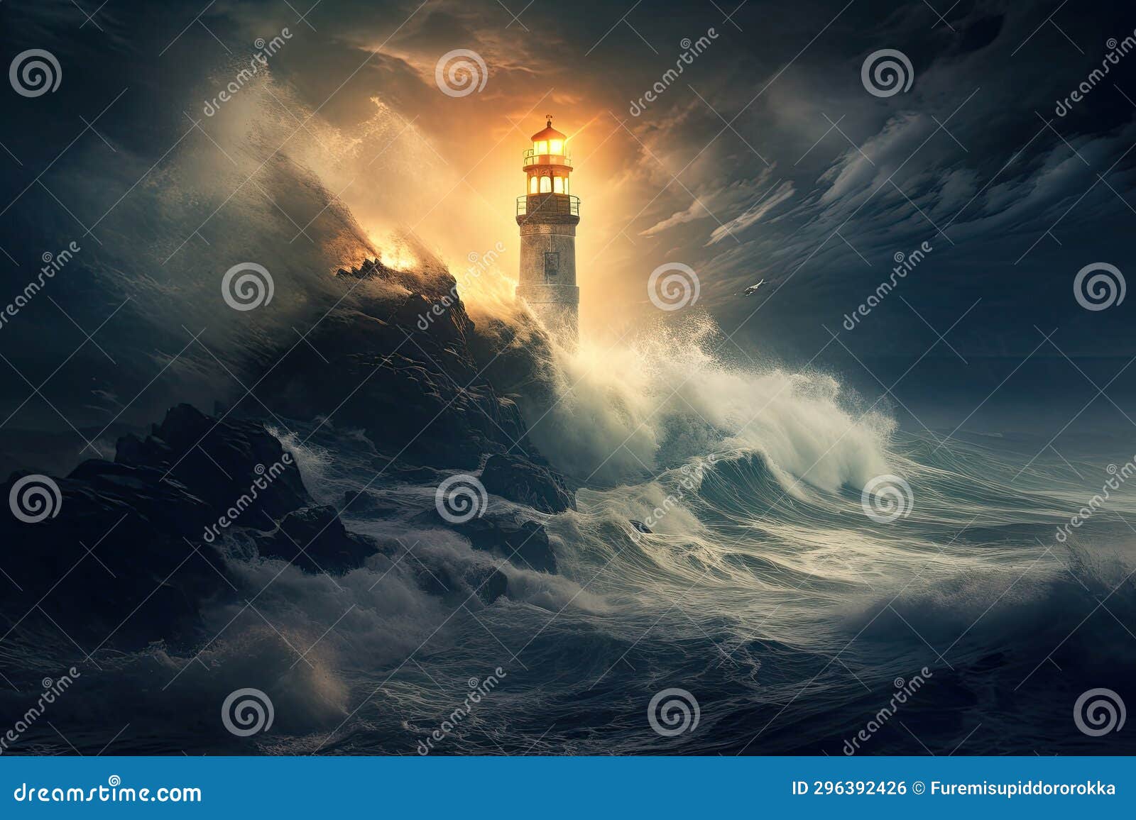 Lighthouse on a Cliff during a Storm Stock Illustration - Illustration ...