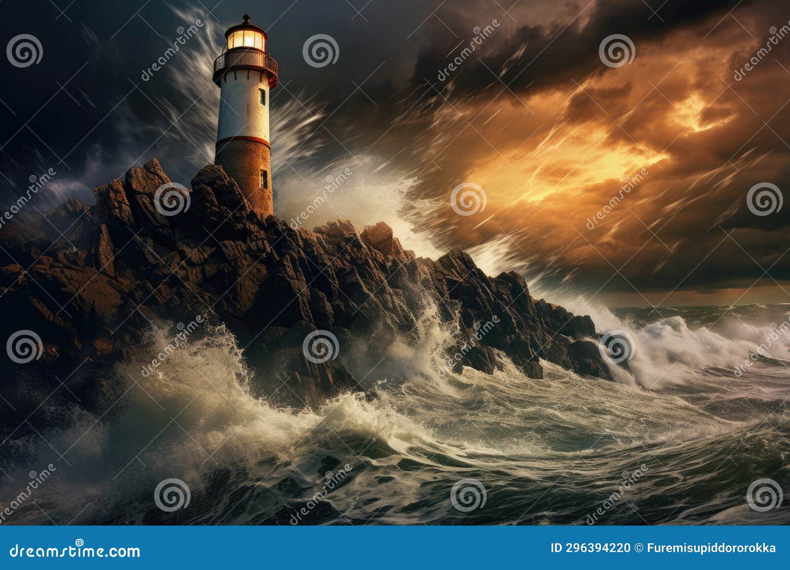 Lighthouse on a Cliff during a Storm Stock Illustration - Illustration ...