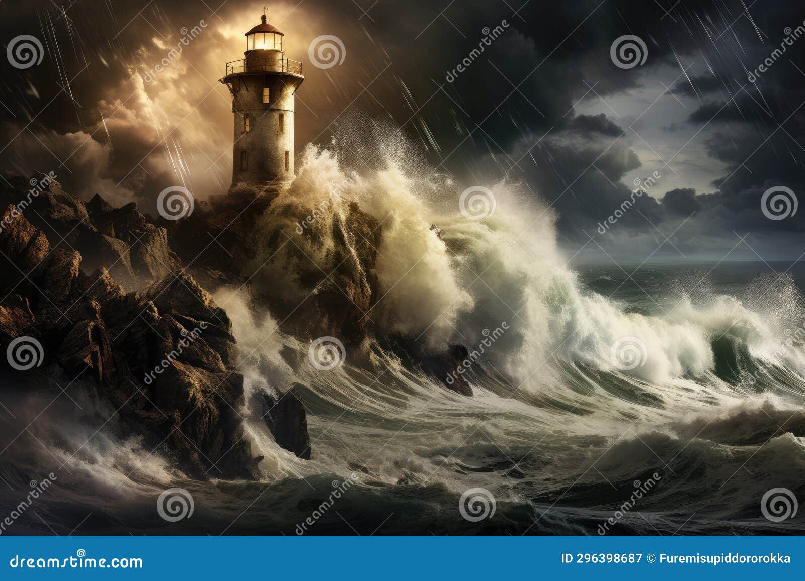 Lighthouse on a Cliff during a Storm Stock Illustration - Illustration ...