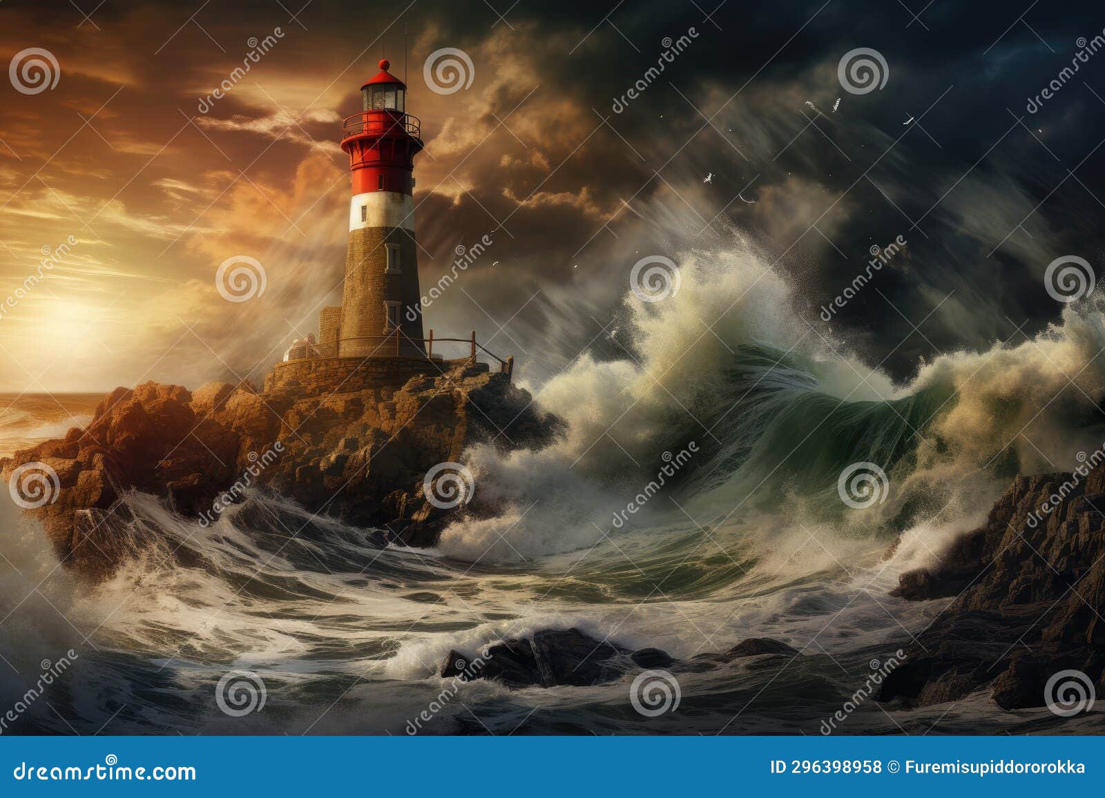 Lighthouse on a Cliff during a Storm Stock Illustration - Illustration ...