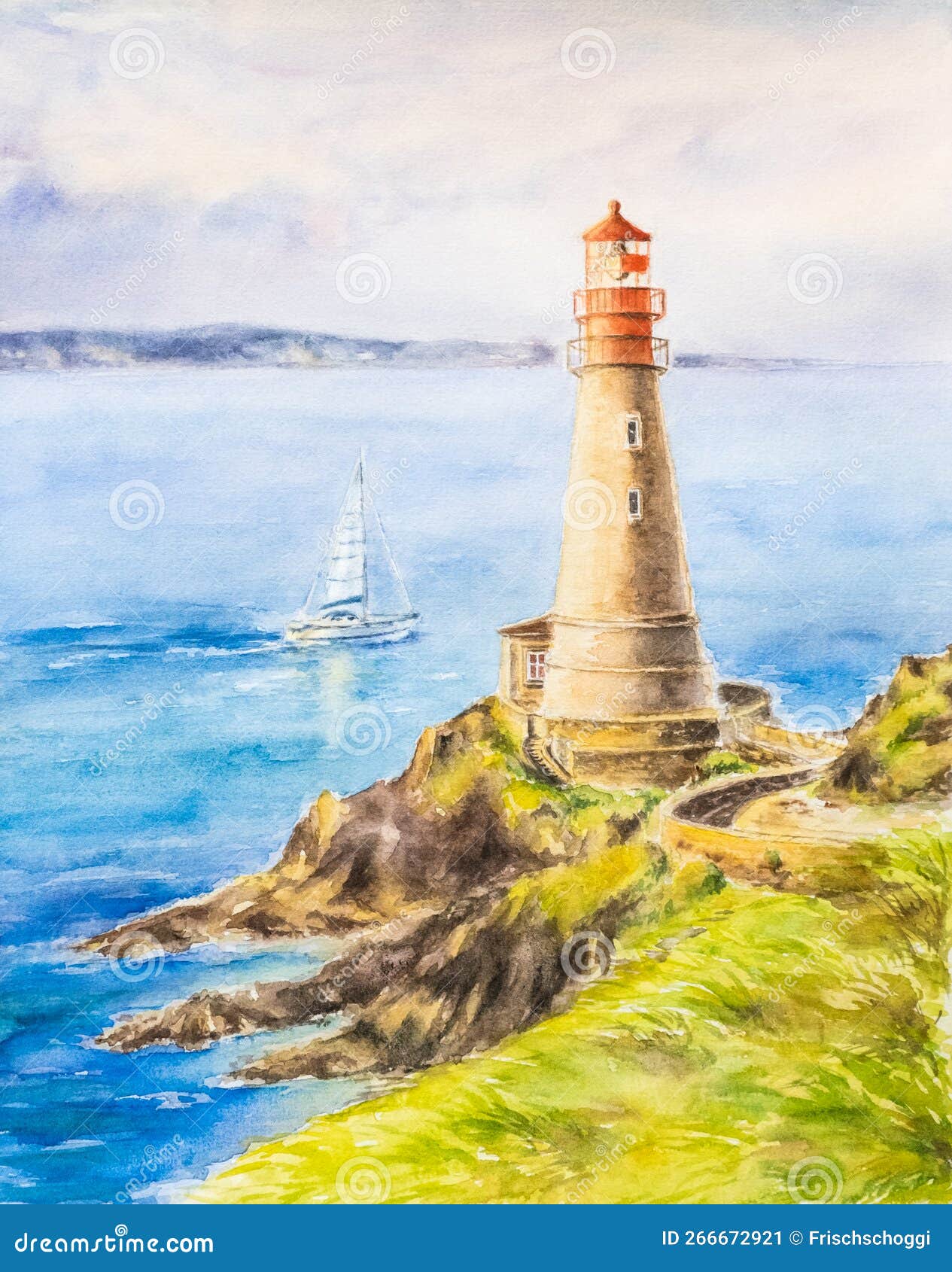 Lighthouse on the Cliff, Watercolor Hand Drawn Illustration Stock Image ...