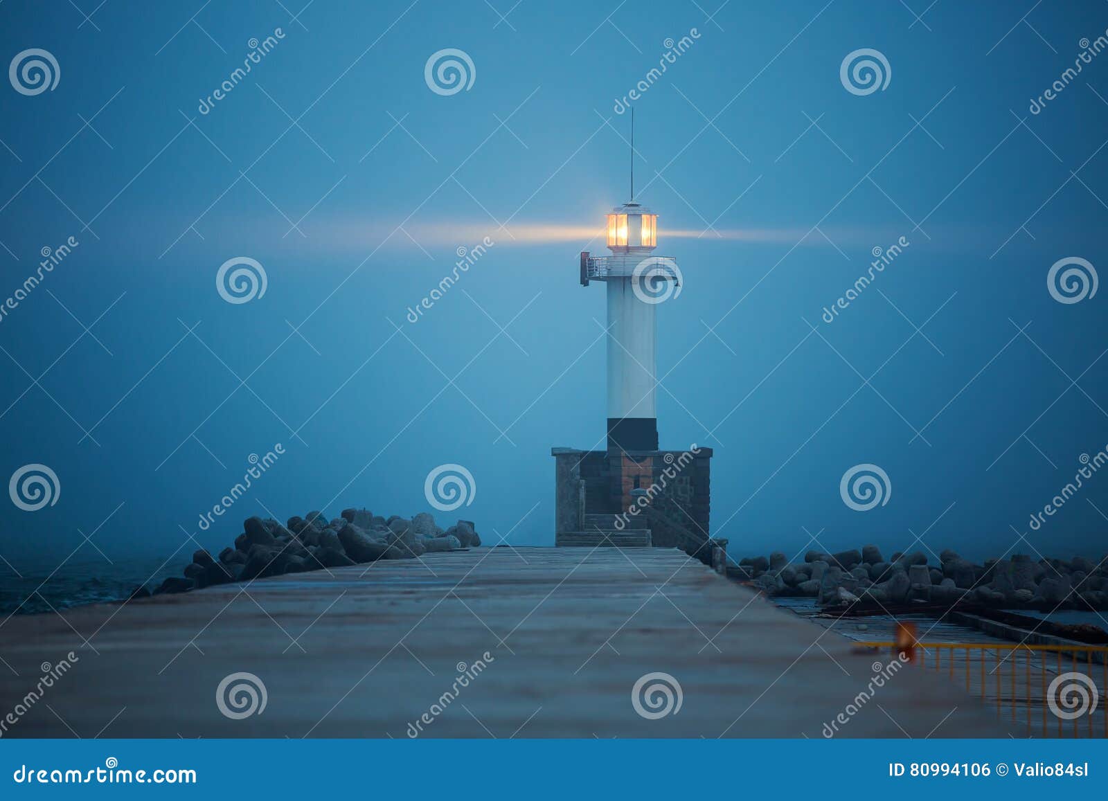 Lighthouse in Dense Fog and Mist, Night Scene Stock Photo - Image of ...