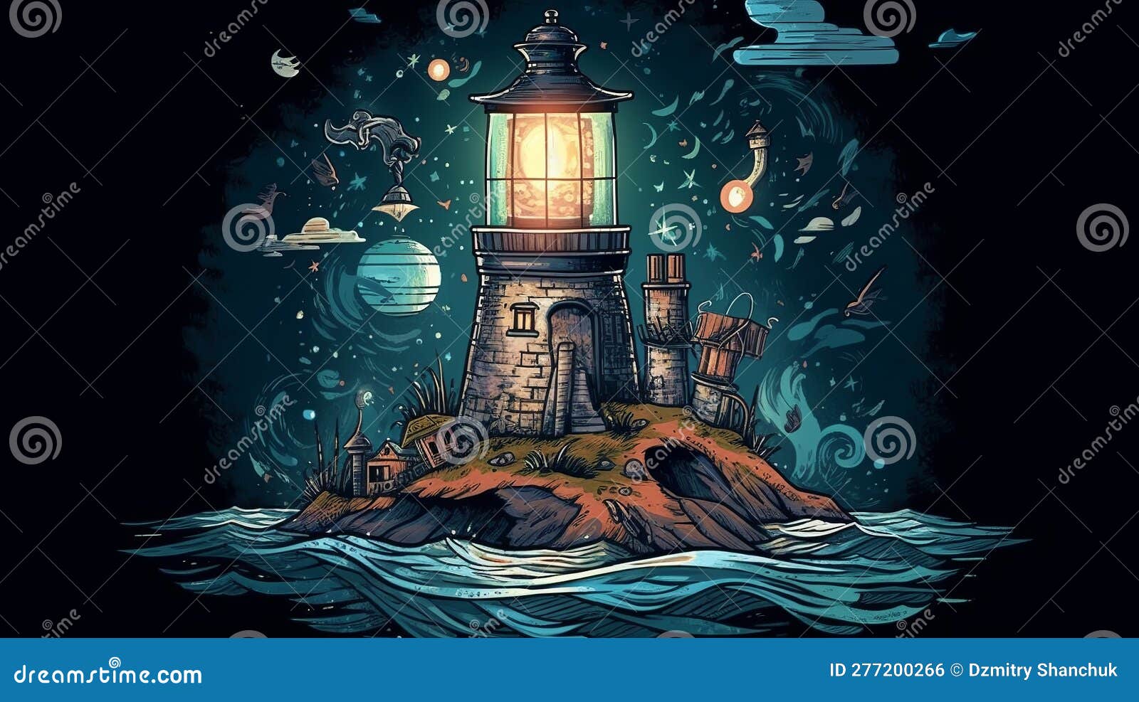 Lighthouse Drawing A Monochrome Drawing Of A Lighthouse On A Rocky ...