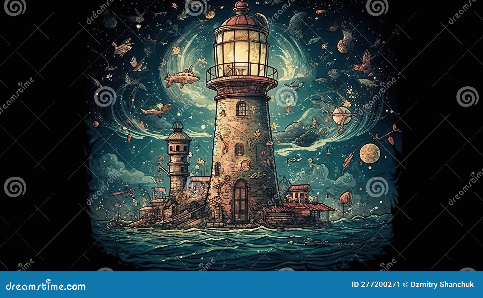 Lighthouse Drawing A Monochrome Drawing Of A Lighthouse On A Rocky ...