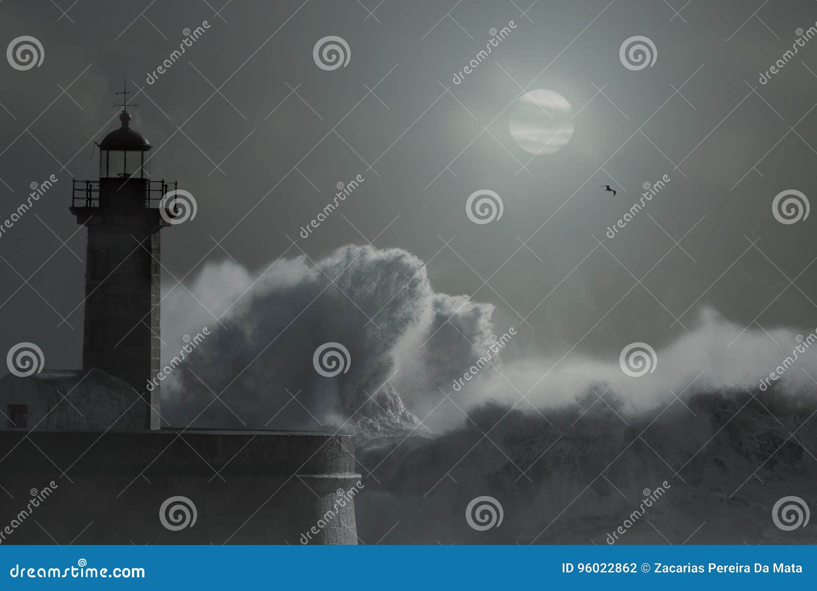 Lighthouse in a Foggy Full Moon Night Stock Photo - Image of fear ...