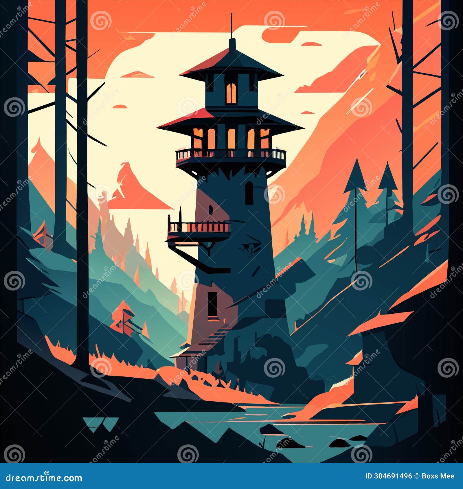 Lighthouse in the Forest at Sunset. Vector Illustration in Flat Style ...