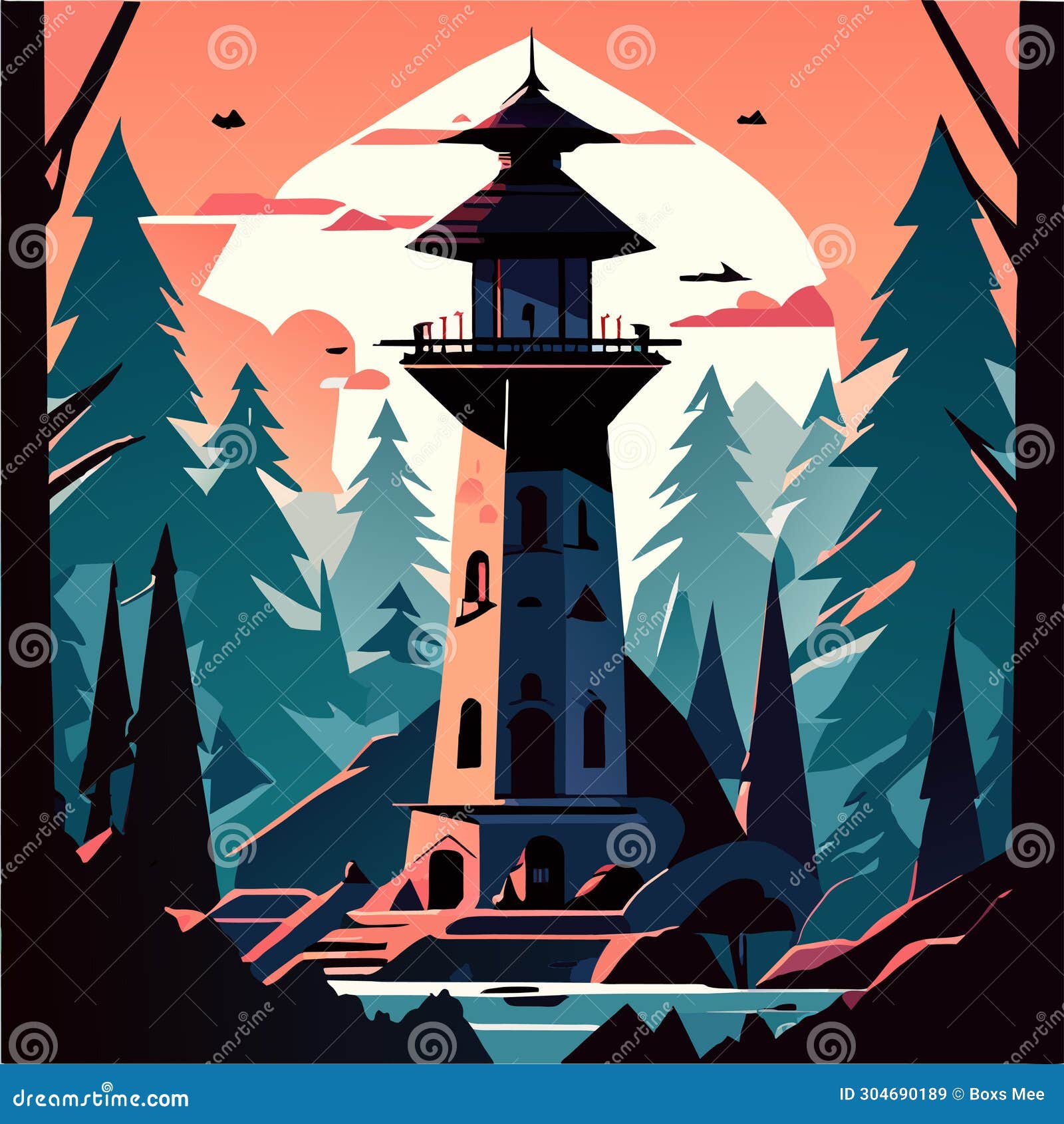 Lighthouse in the Forest. Vector Illustration in a Flat Style Stock ...