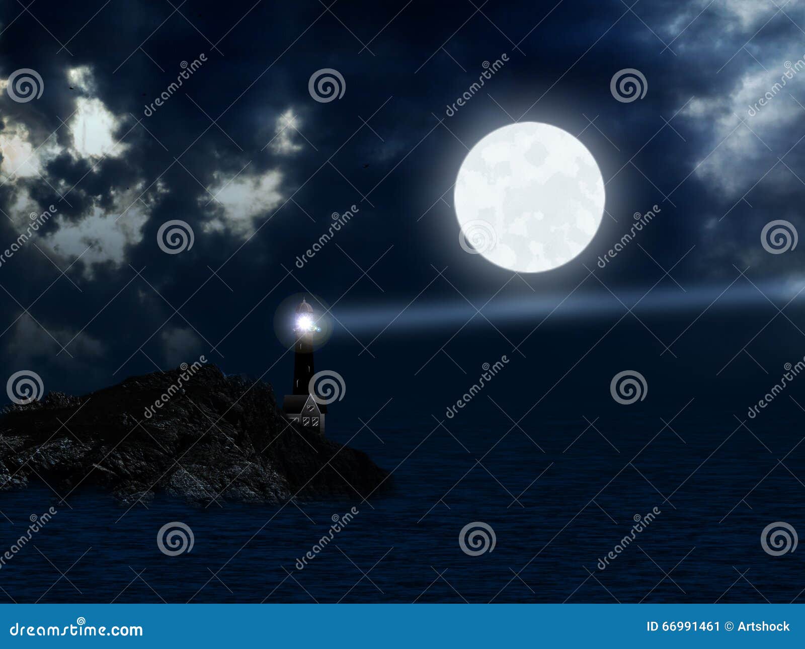 Lighthouse and Full Moon stock illustration. Illustration of wave ...