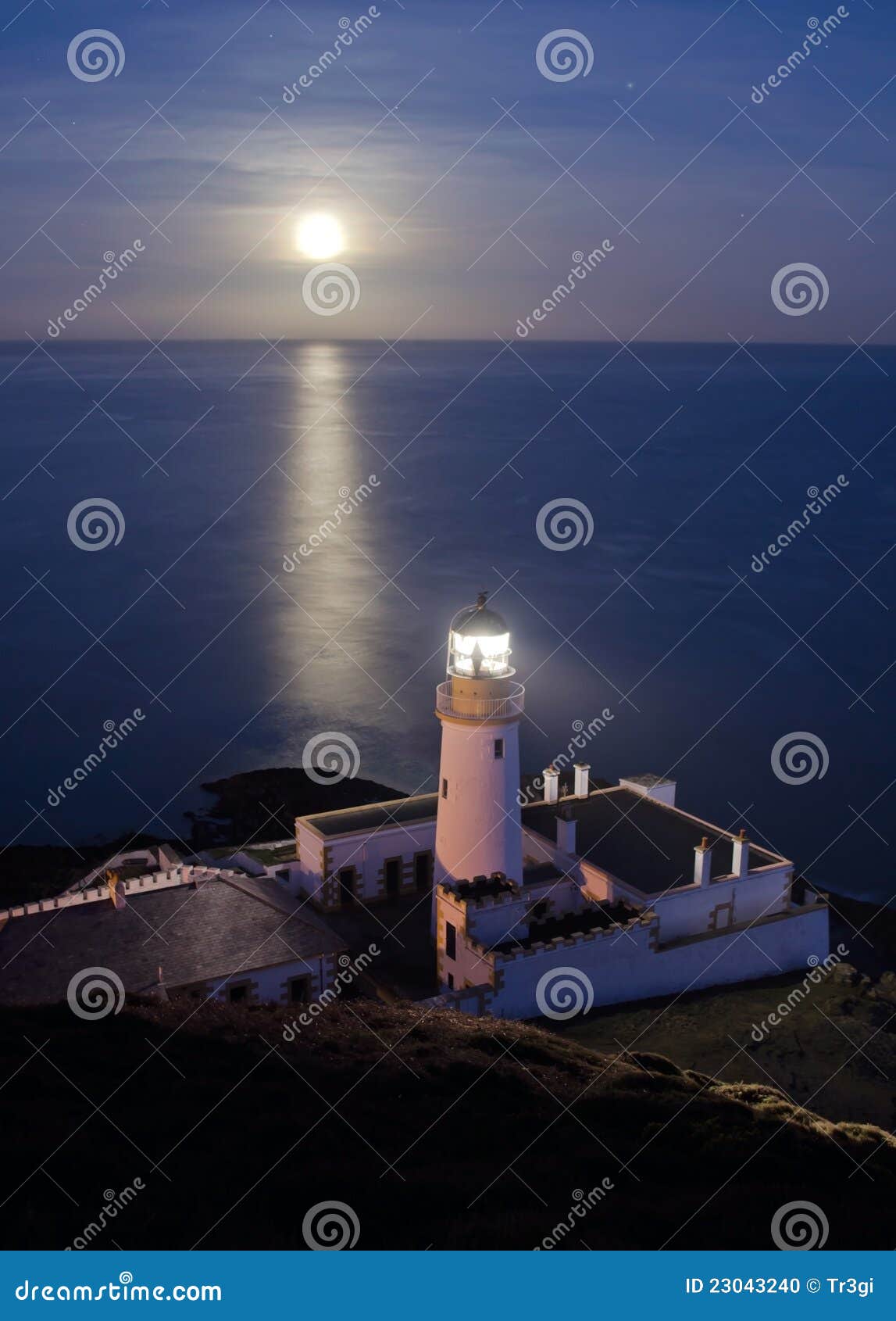 Lighthouse with Full Moon Reflecting in Sea Stock Photo - Image of ...