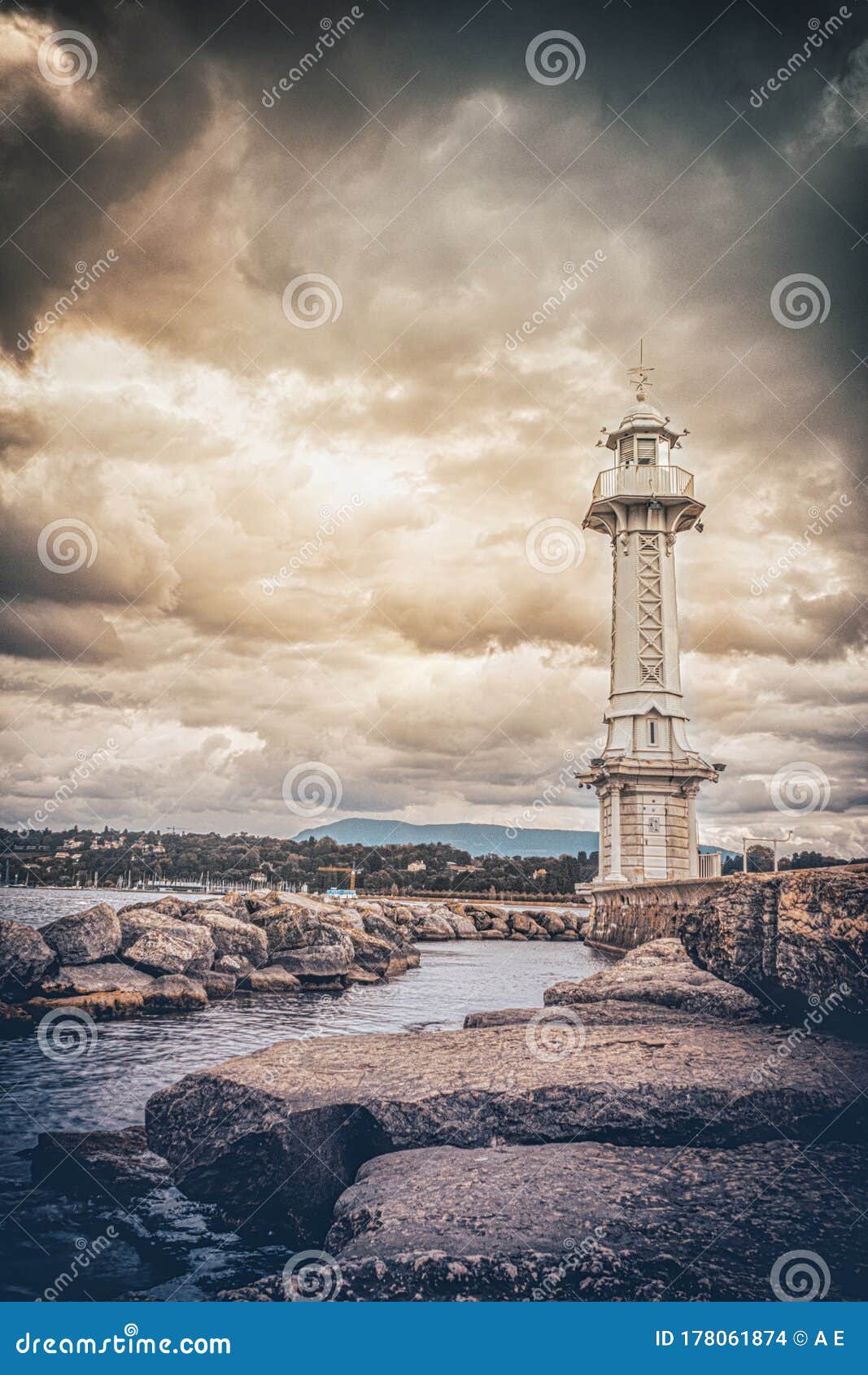Lighthouse in Geneva Lake at Cloudy Day Stock Photo - Image of ...
