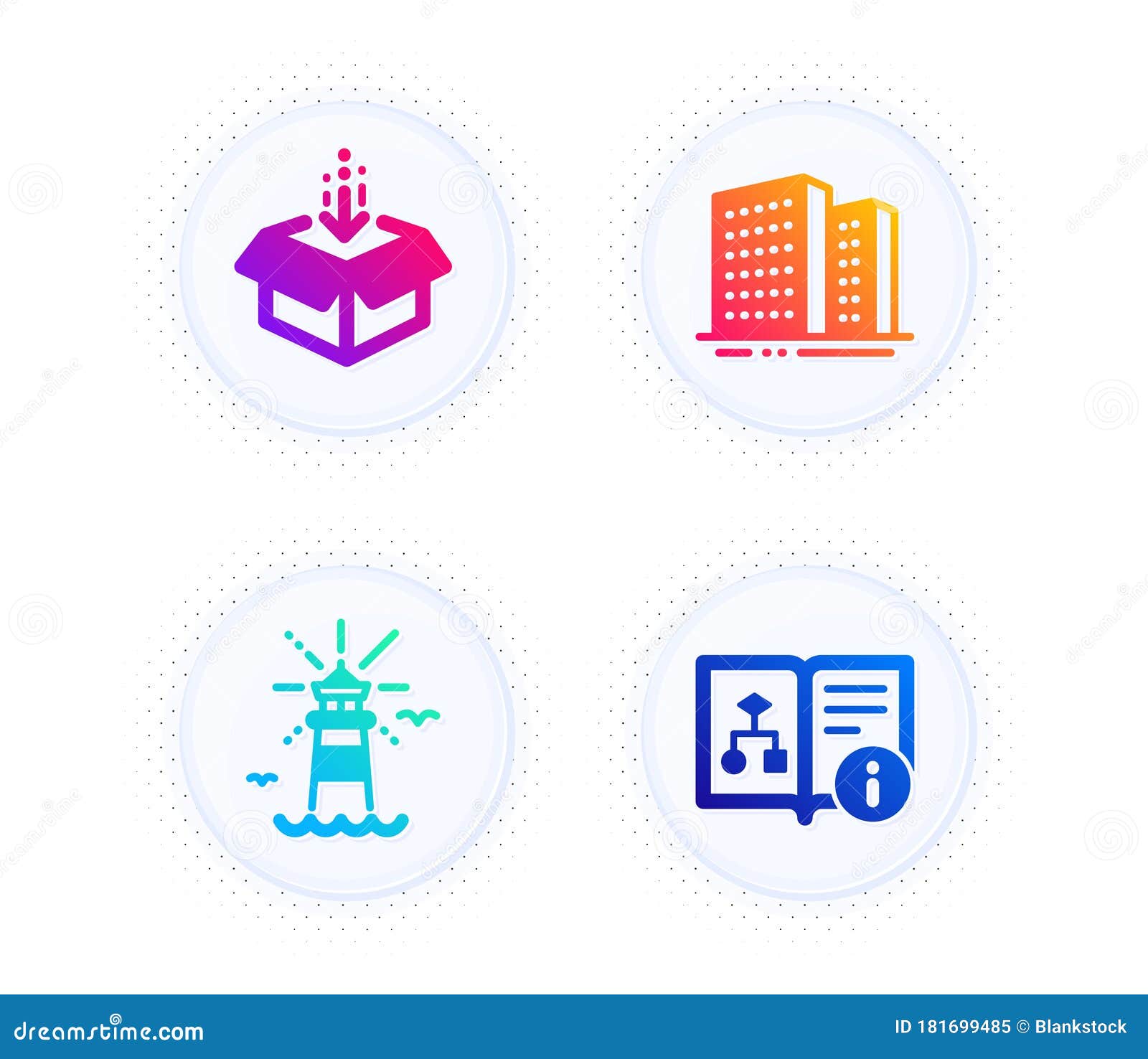 Lighthouse, Get Box and Buildings Icons Set. Technical Algorithm Sign. Vector Stock Vector ...