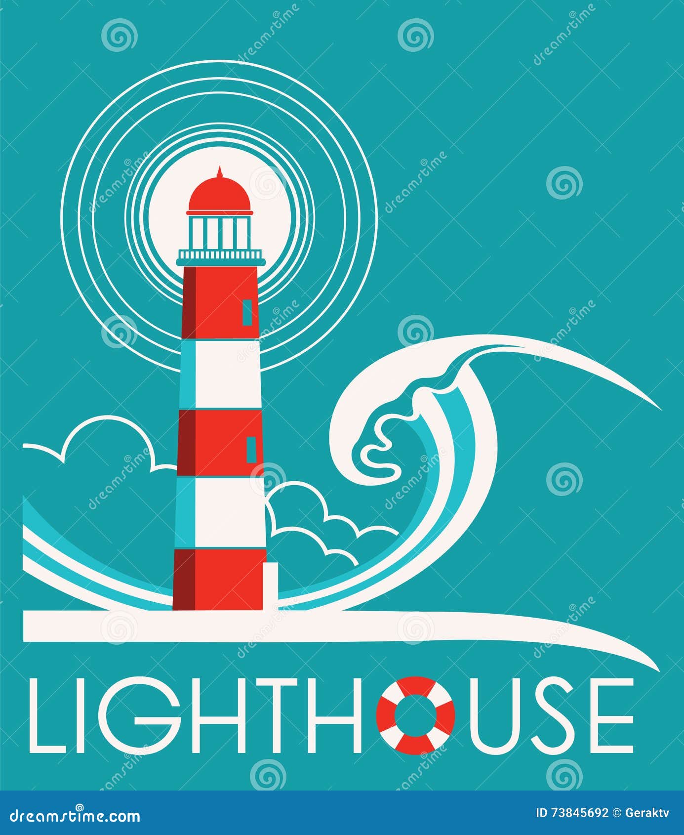 Lighthouse 3D Red Graphic Logo Illustration With Ocean Sea Beach Wave ...
