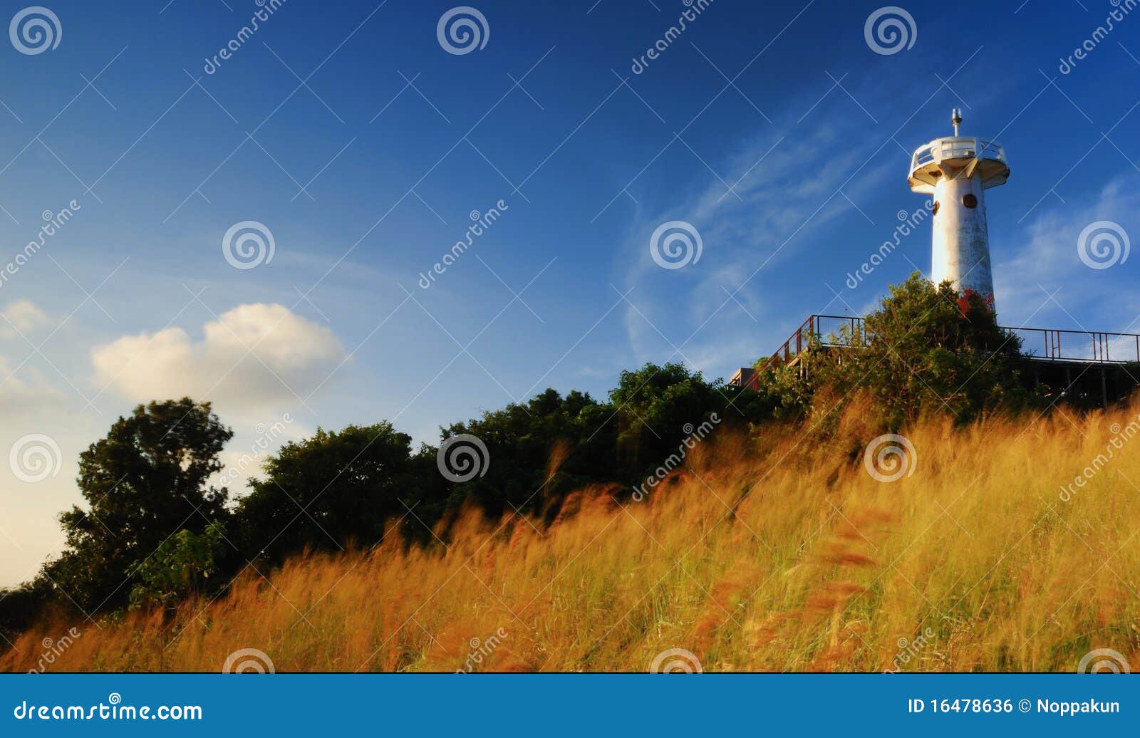 Lighthouse with Grass Field Blowing at Sunrise Stock Photo - Image of ...