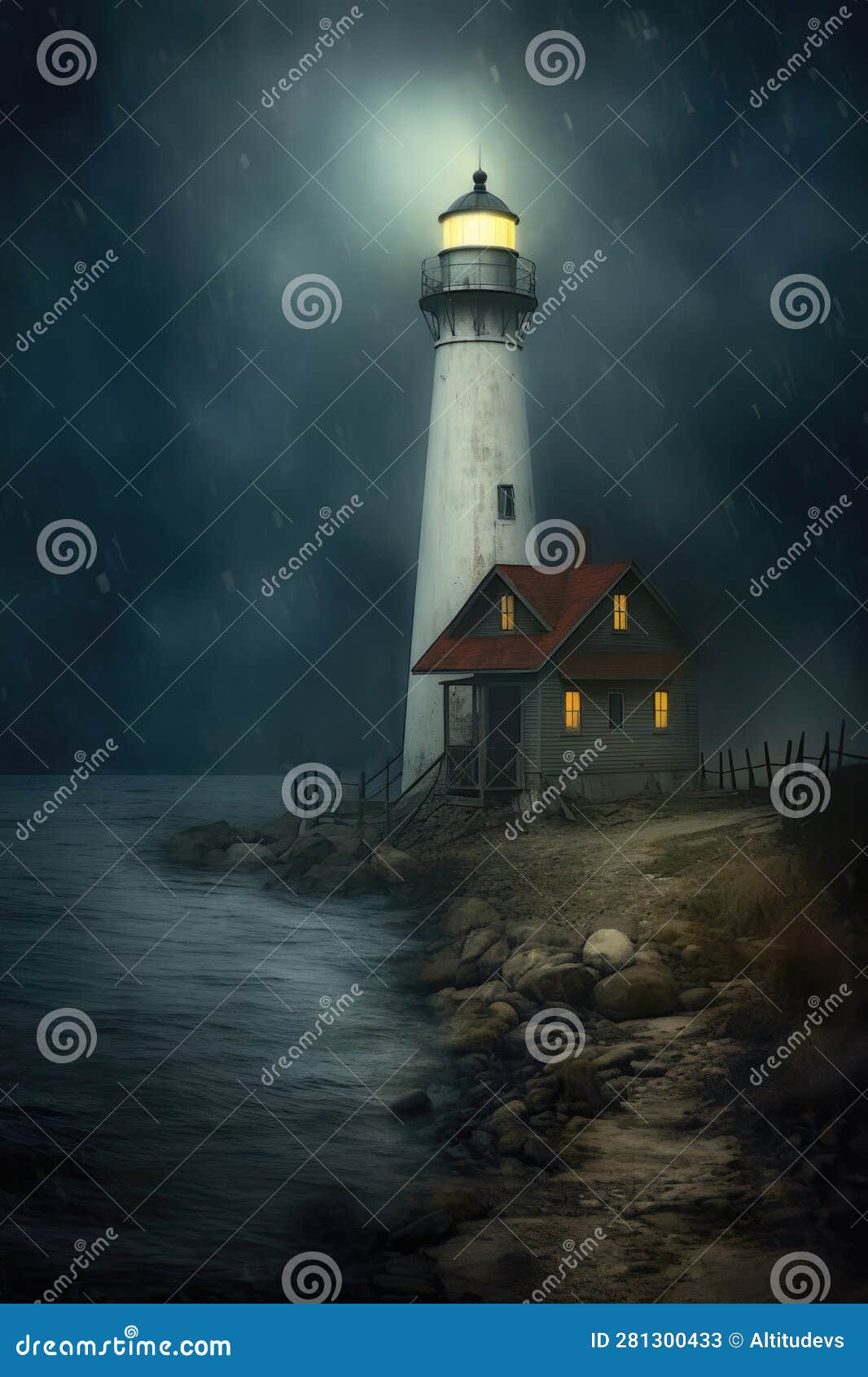 A Lighthouse Guiding through Dark and Foggy Night Stock Illustration ...