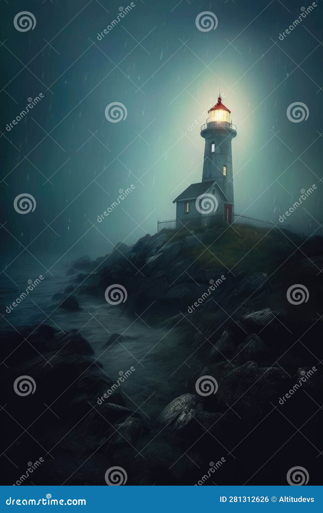 A Lighthouse Guiding through Dark and Foggy Night Stock Illustration ...