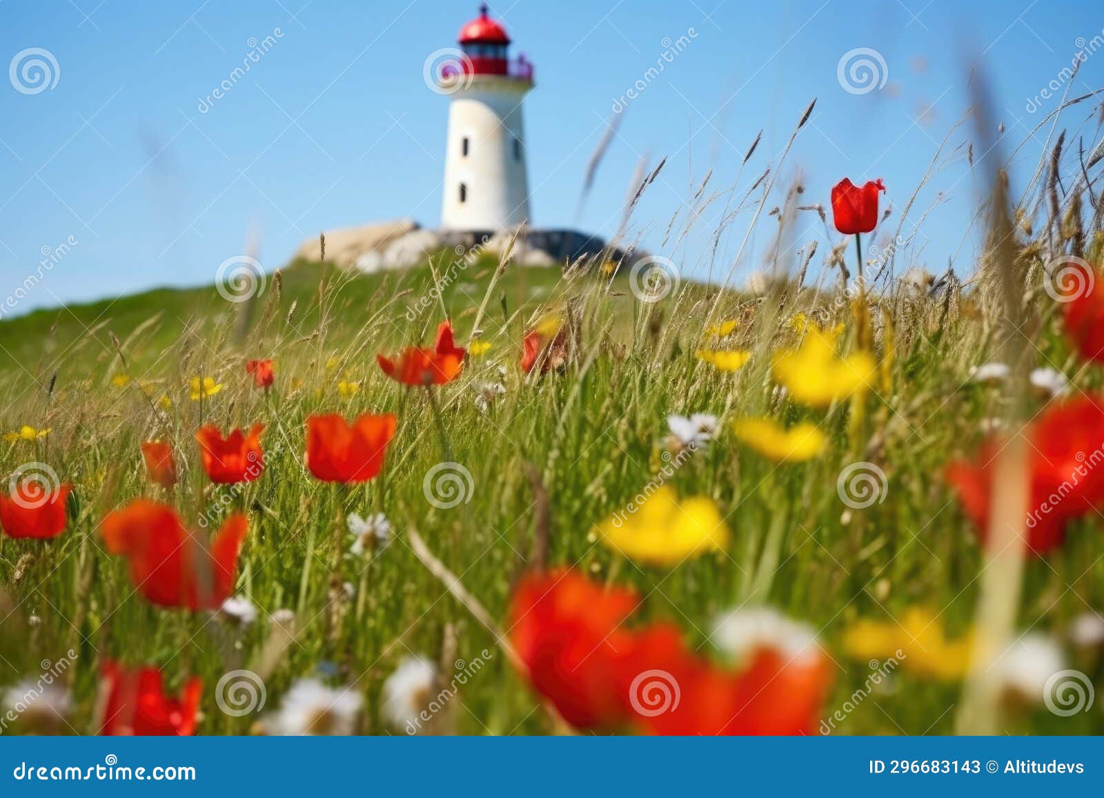 Lighthouse on a Hill with Spring Wildflowers Foreground Stock Image ...