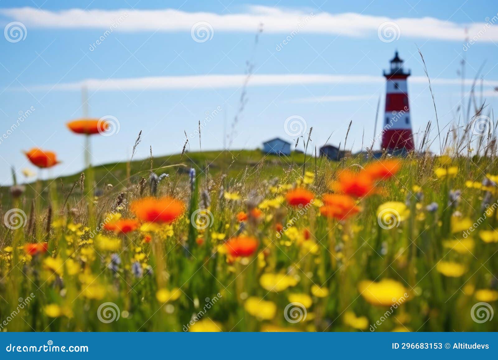 Lighthouse on a Hill with Spring Wildflowers Foreground Stock ...