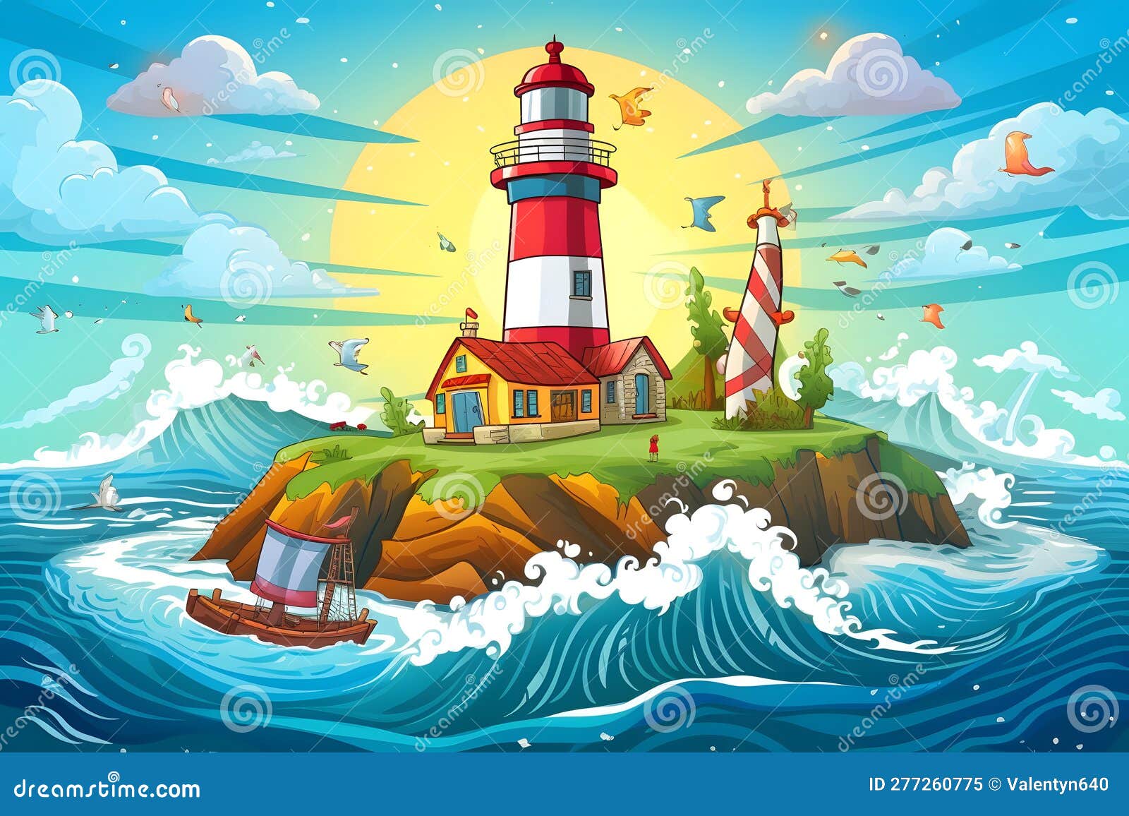 Lighthouse on Island with Boat in the Ocean Image of Lighthouse on ...