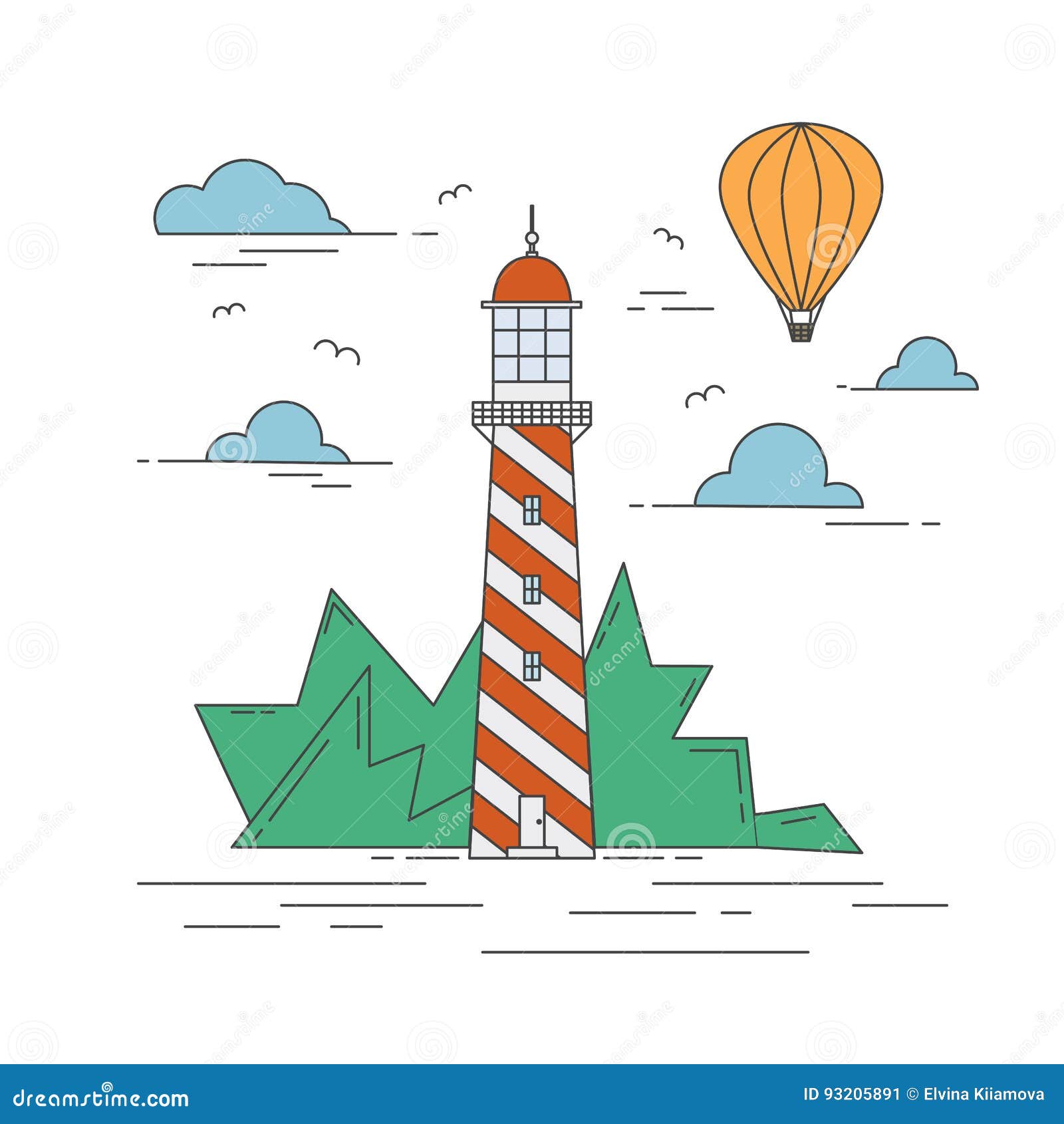 Lighthouse, Landscape, Balloon Sky Illustration. Stock Illustration ...