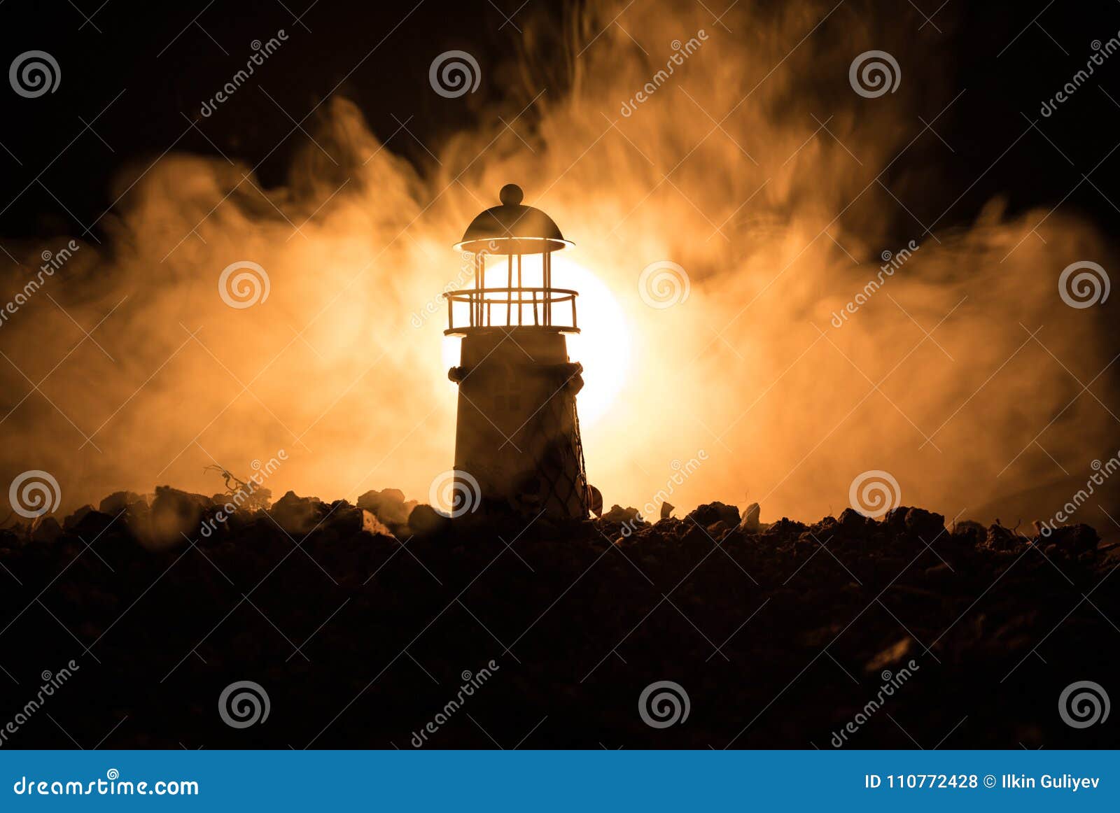 Lighthouse with Light Beam at Night with Fog. Stock Photo - Image of ...