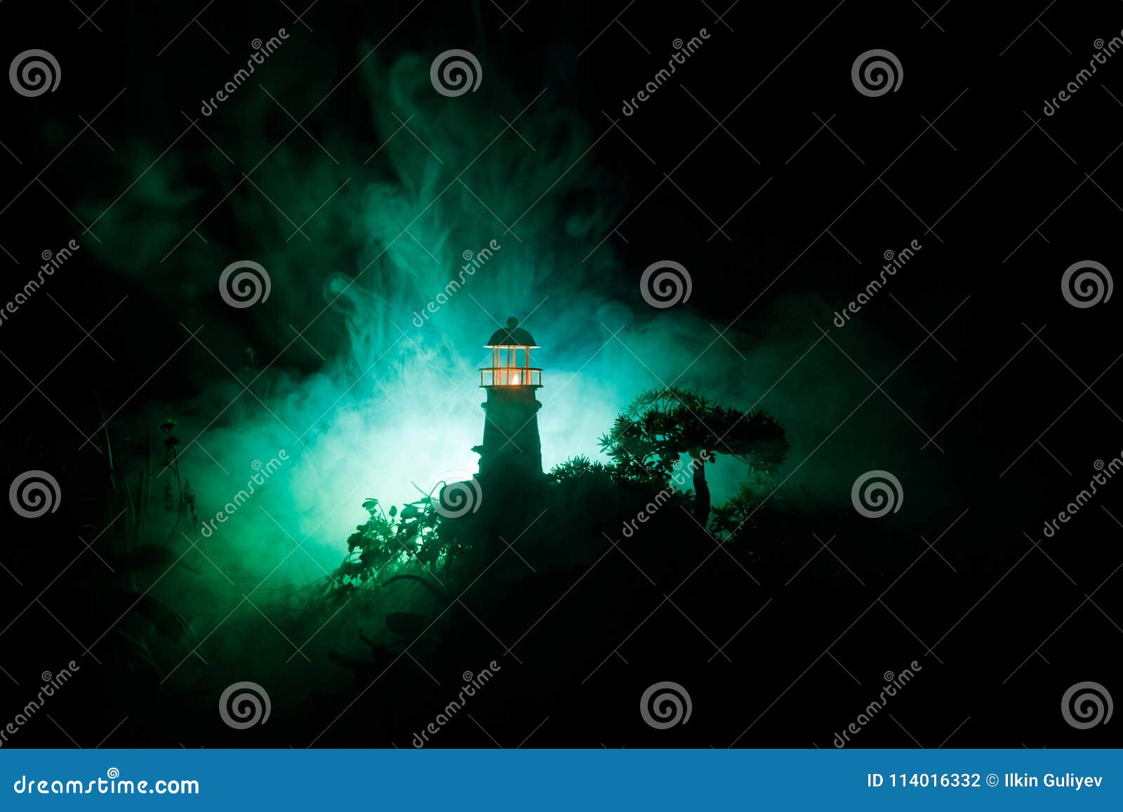 Lighthouse with Light Beam at Night with Fog. Old Lighthouse Standing ...