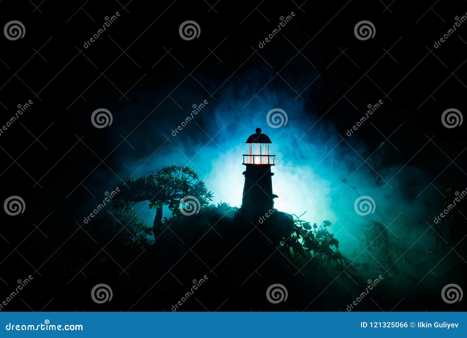 Lighthouse with Light Beam at Night with Fog. Old Lighthouse Standing ...