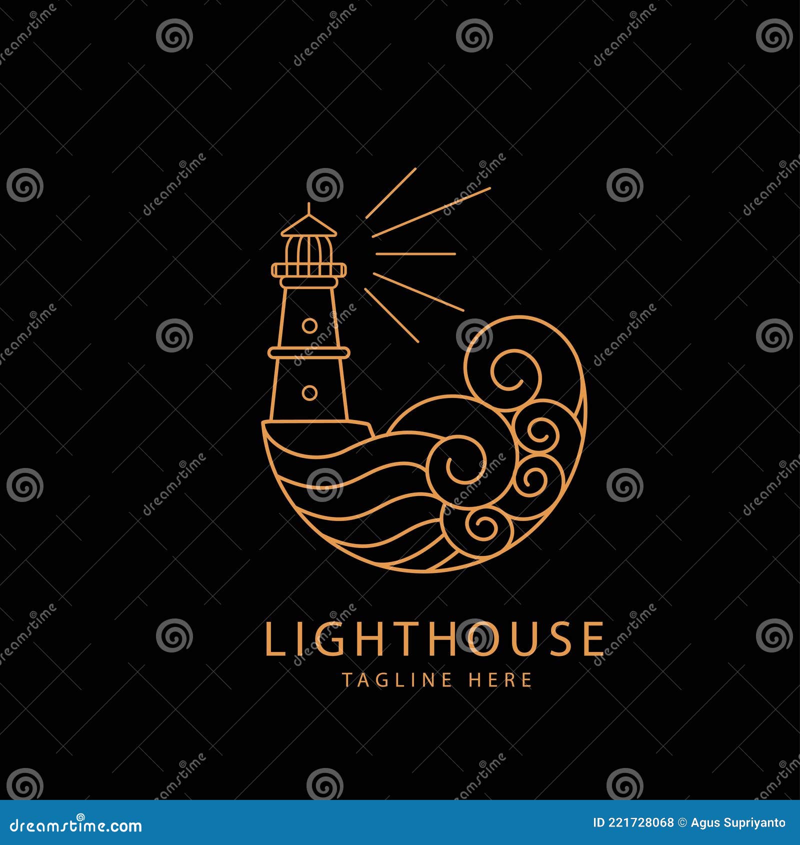 Lighthouse Logo with Ocean Wave Mono Line Stock Vector - Illustration ...