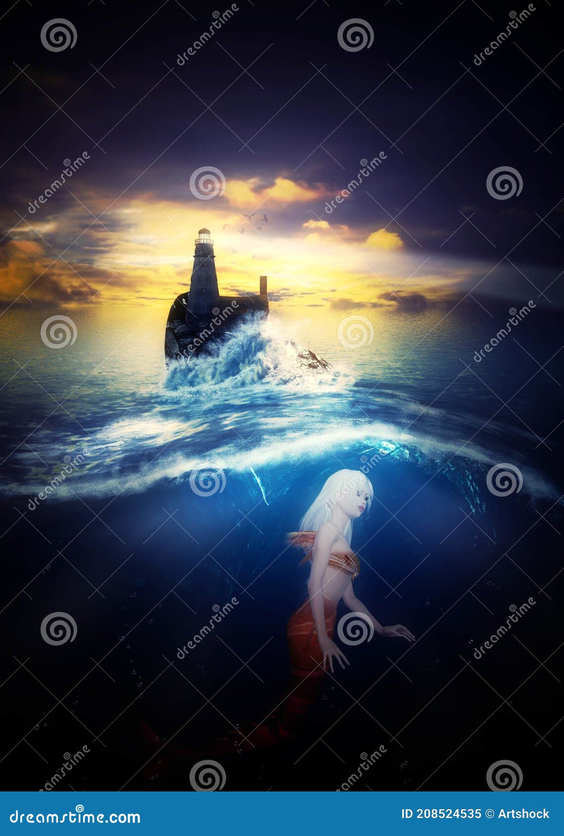 Lighthouse with Mermaid Underwater Scene Stock Illustration ...