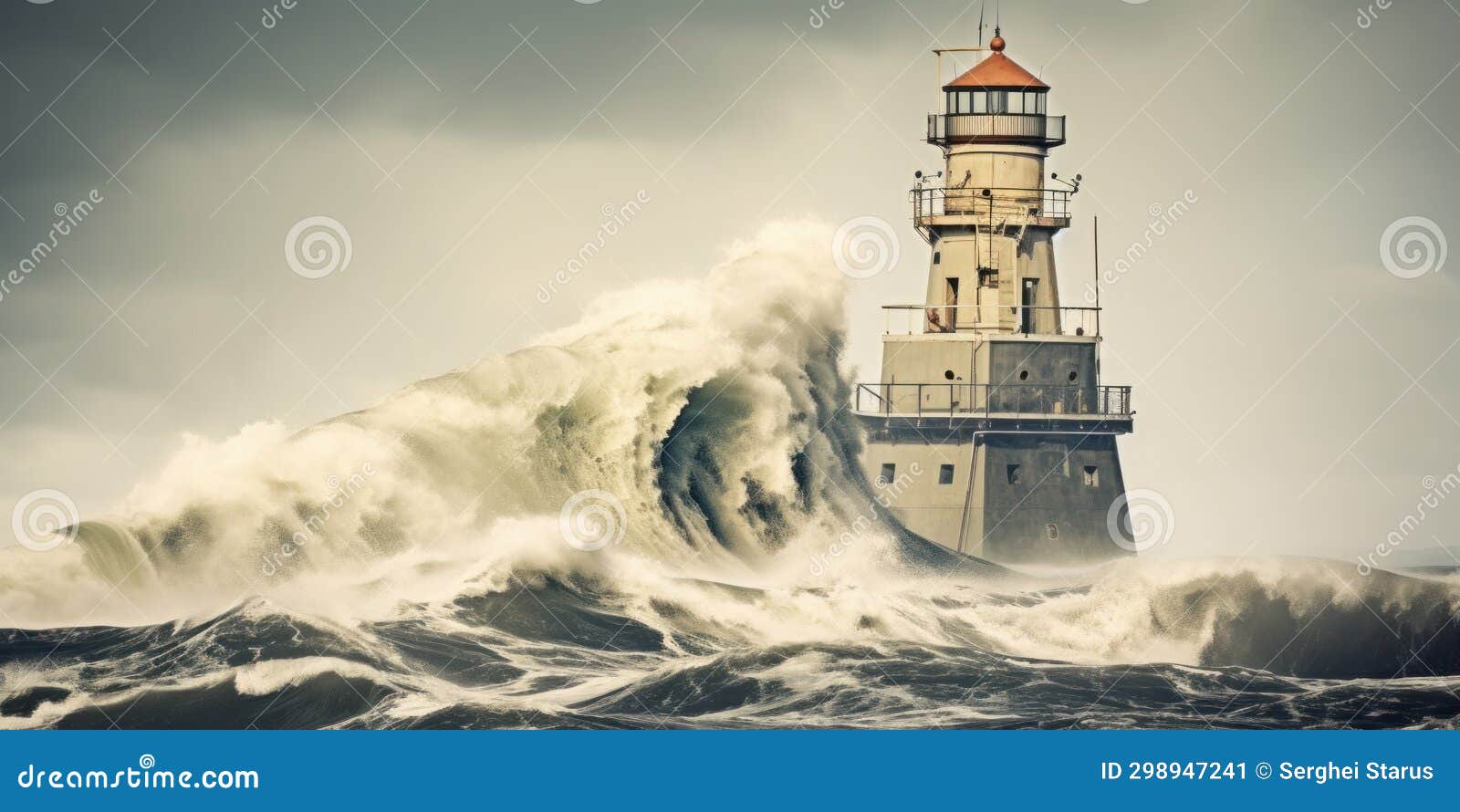 A Lighthouse in the Middle of a Large Wave, AI Stock Image - Image of ...