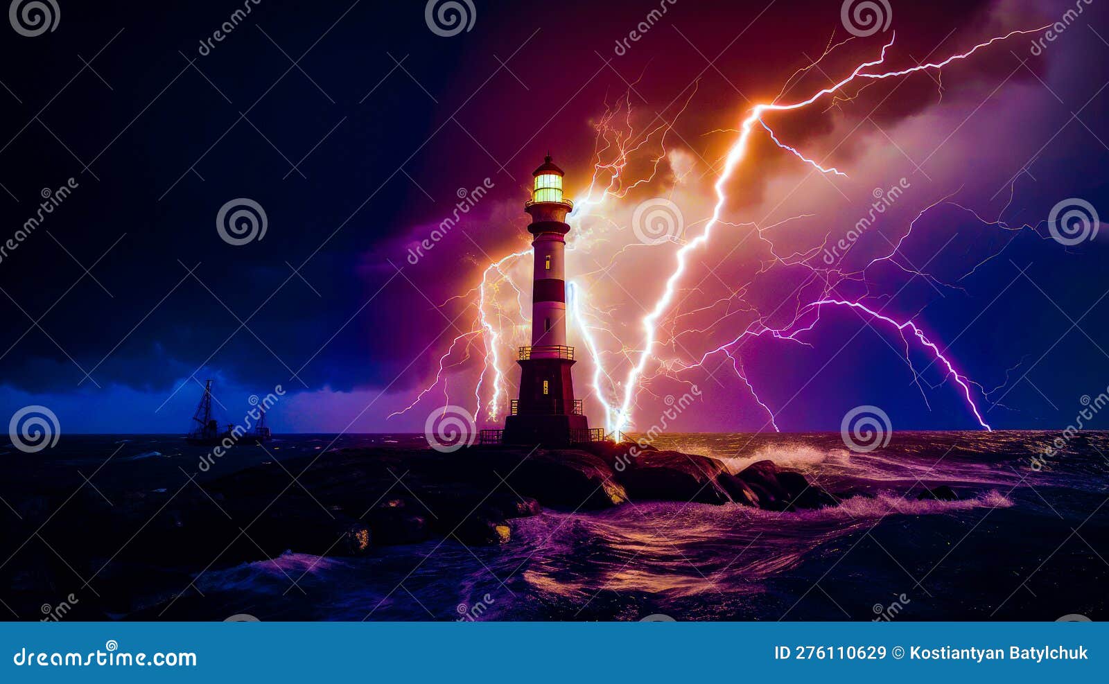 Lighthouse in the Middle of the Ocean with Lot of Lightning in the ...