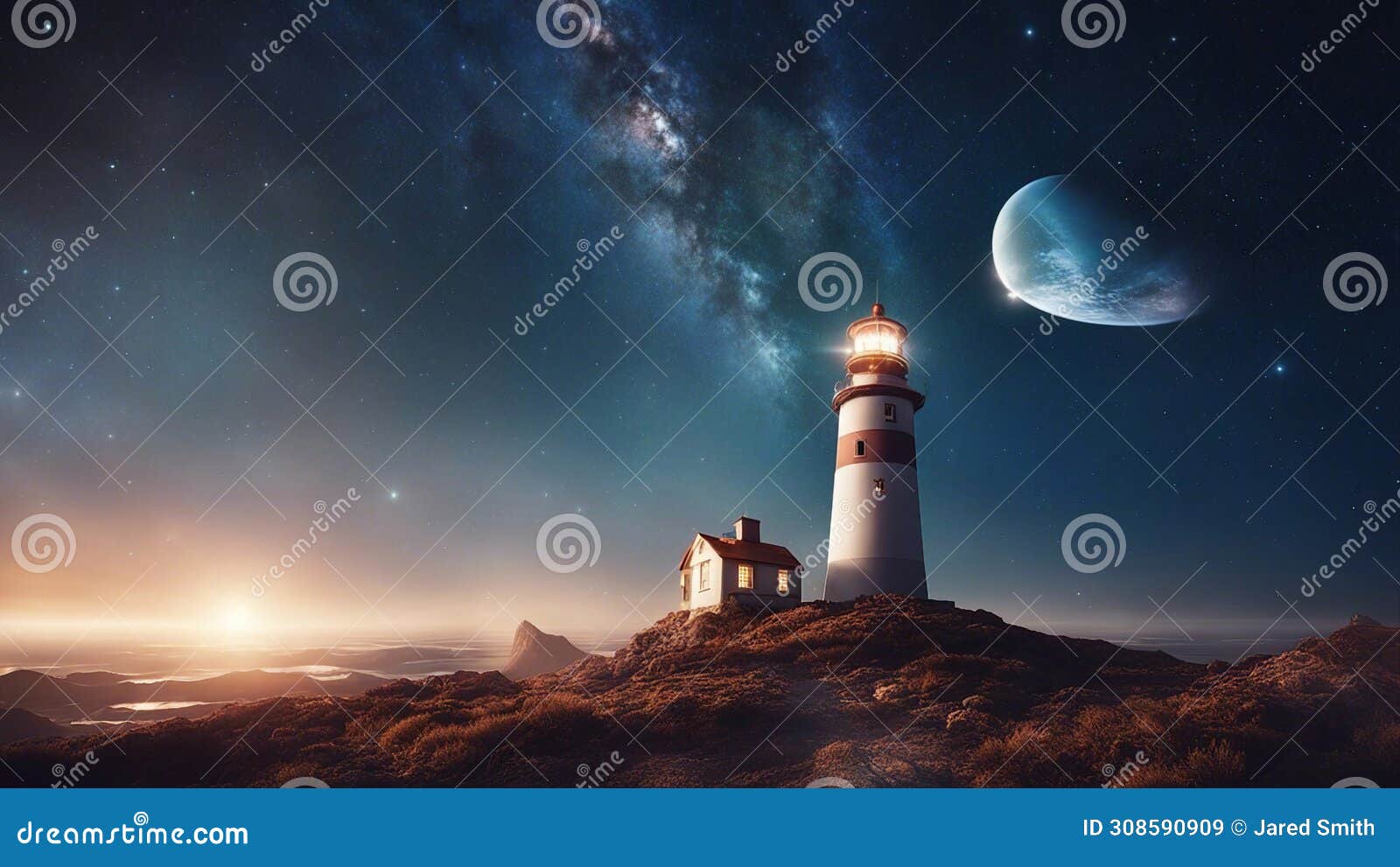 Lighthouse and Moon a Fantasy Lighthouse in a Cosmic Space, with Stars ...
