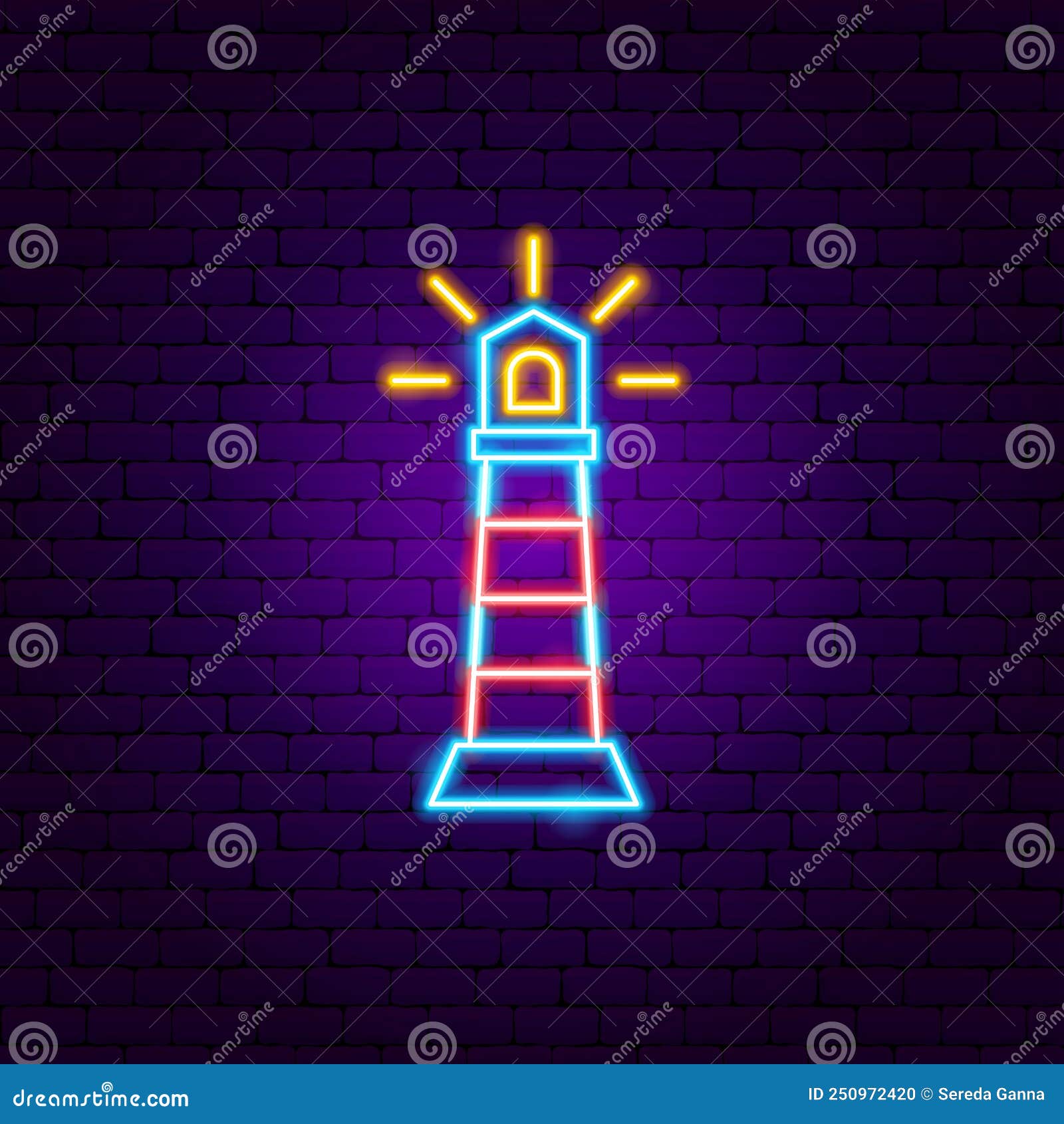 Lighthouse Neon Sign stock vector. Illustration of navy - 250972420