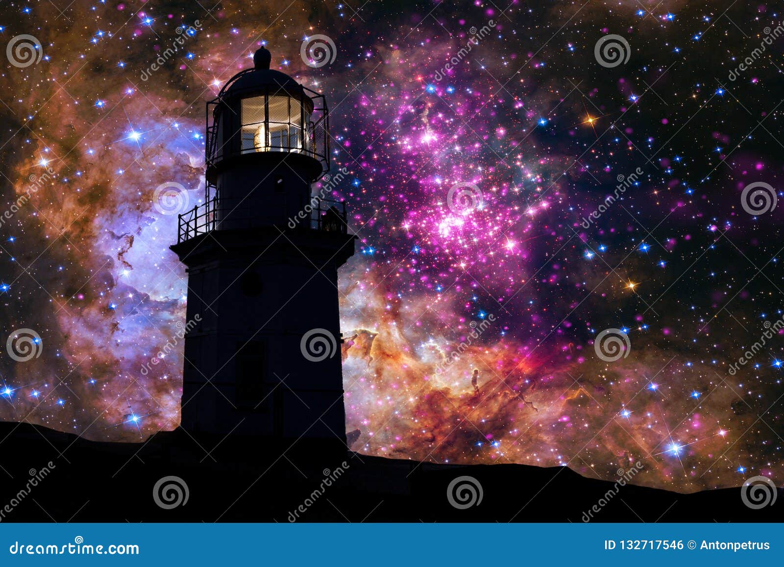Lighthouse at Night on the Background of a Beautiful Starry Sky. Stock ...