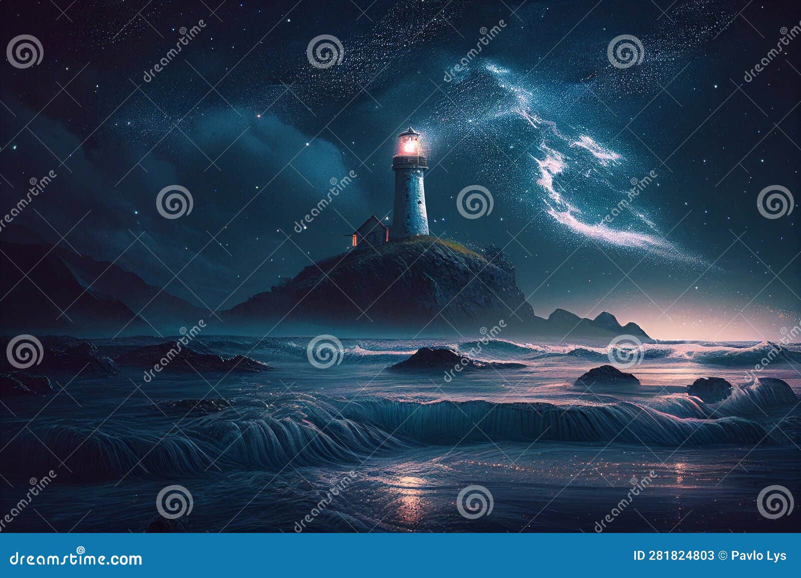 Lighthouse Night Landscape Sea Stars. AI Generated Stock Illustration ...
