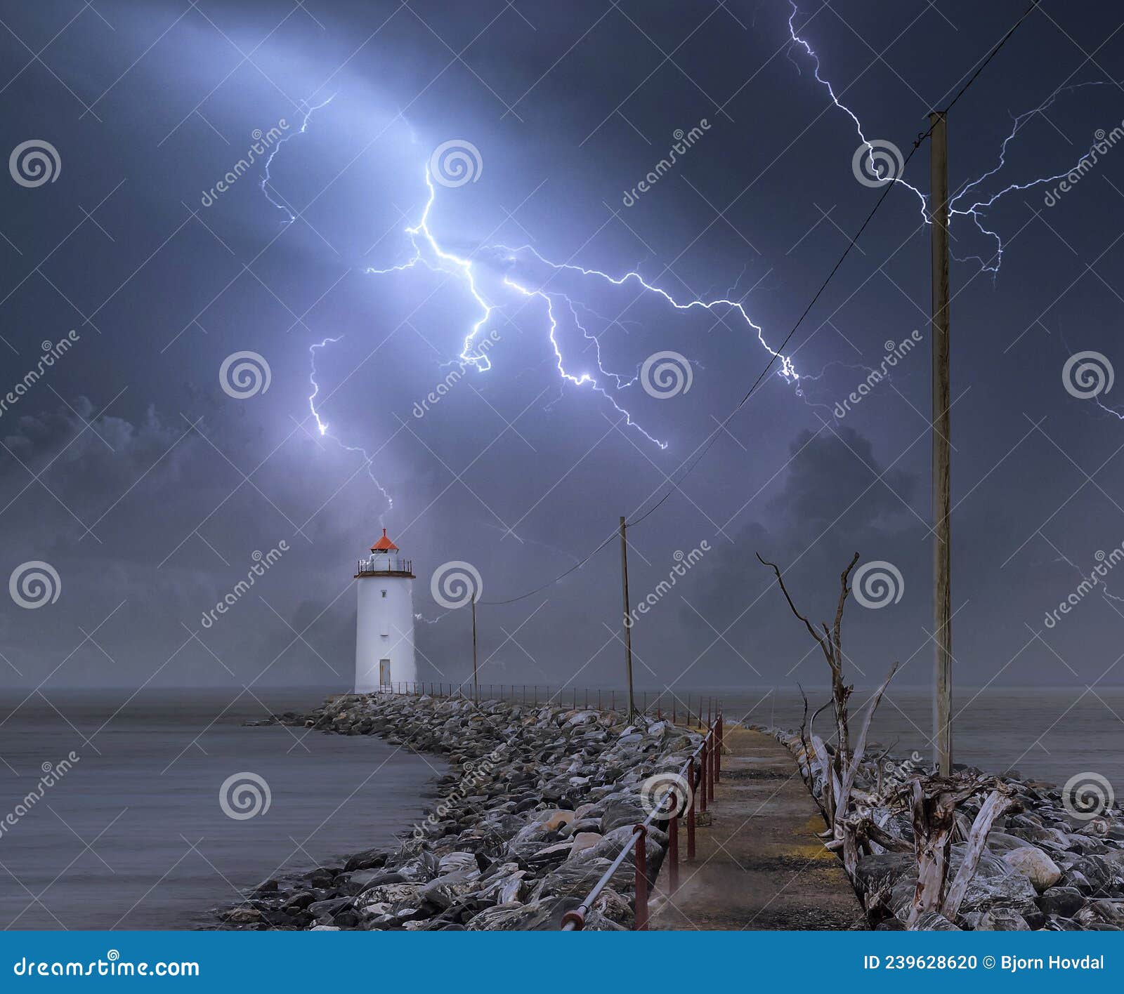 Lighthouse at Night with Lightning. Stock Photo - Image of nature ...