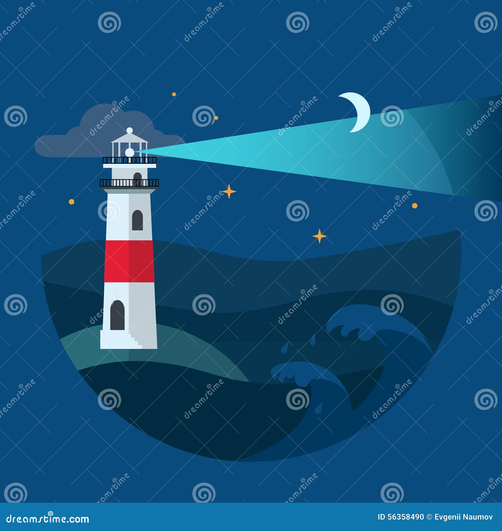 Lighthouse in Night Sea. Flat Vector Stock Vector - Illustration of ...