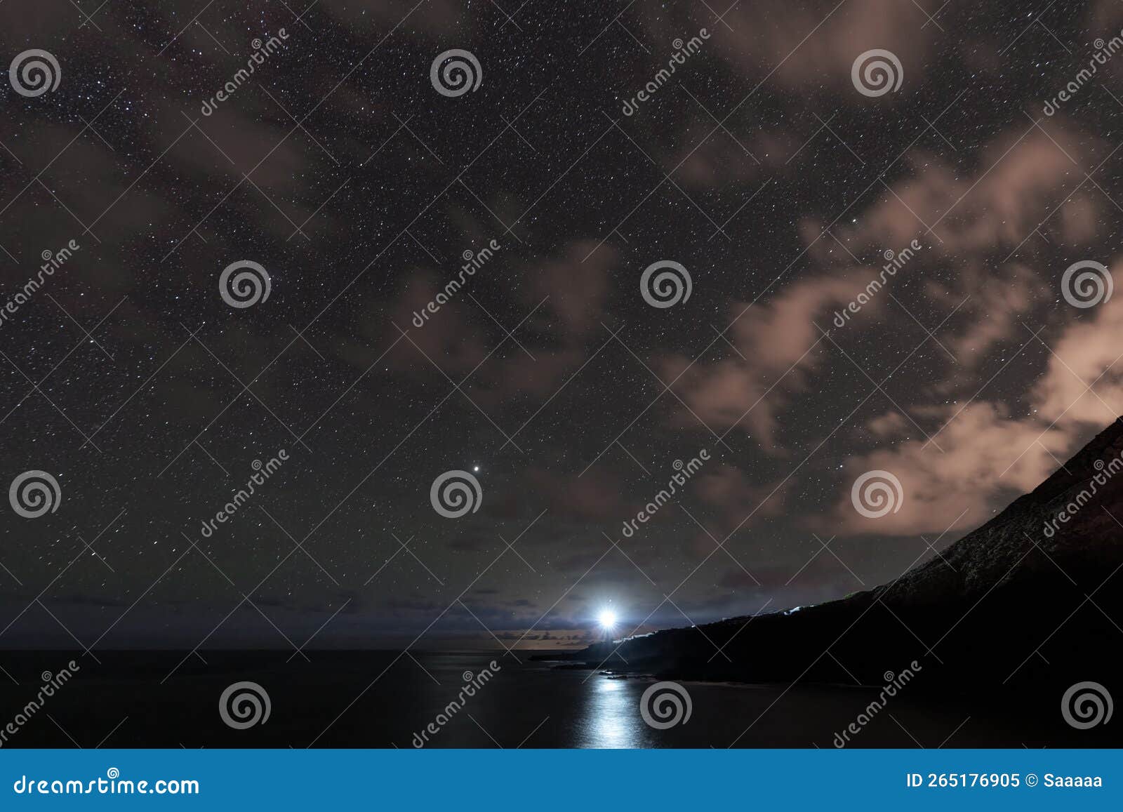 Lighthouse and the Ocean at Night with Clouds Stock Image - Image of ...