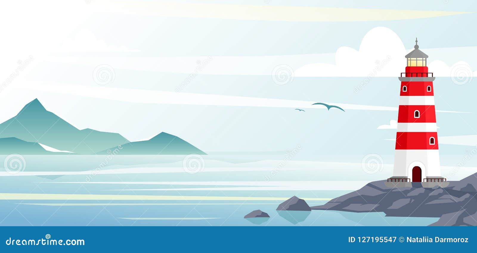 Lighthouse with Ocean or Sea Beach View on Background in Flat Style ...