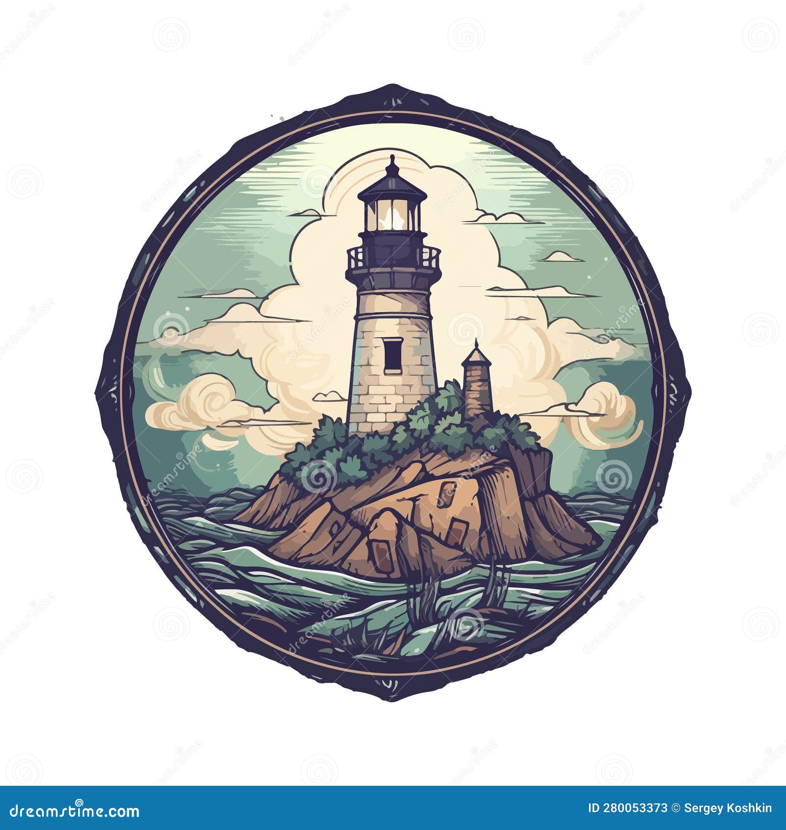 Lighthouse in the Ocean on the Small Rocky Island Vector Logo Emblem ...