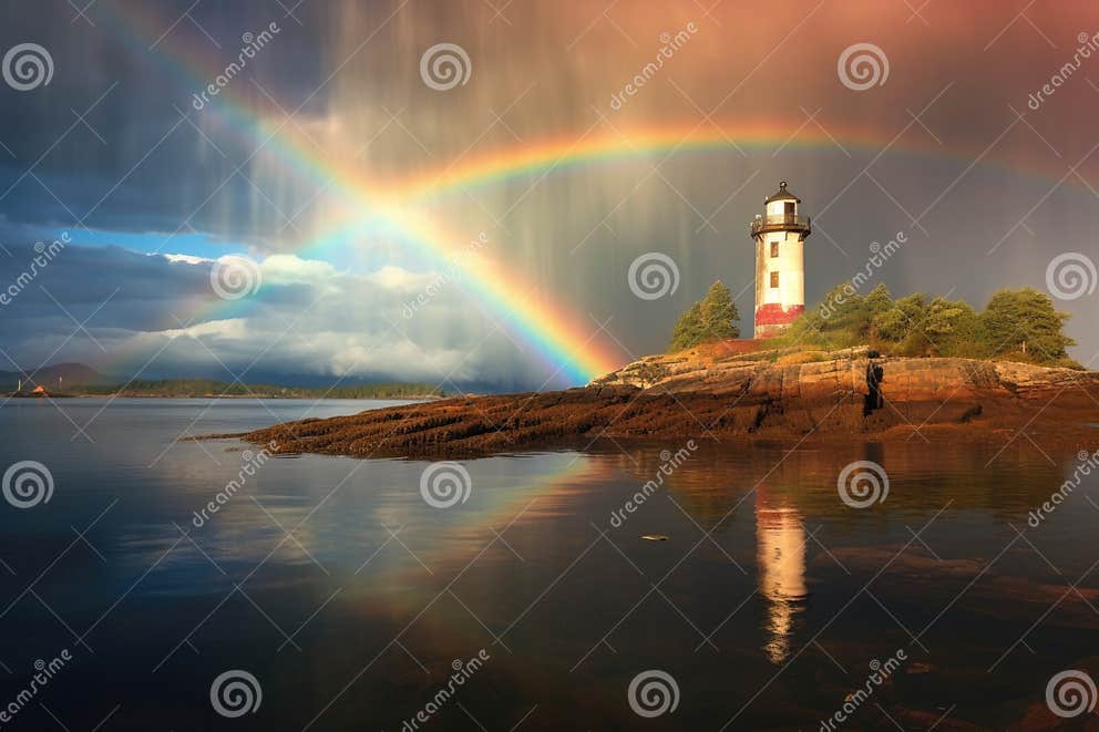 Lighthouse with Rainbow after a Rainstorm Stock Illustration ...