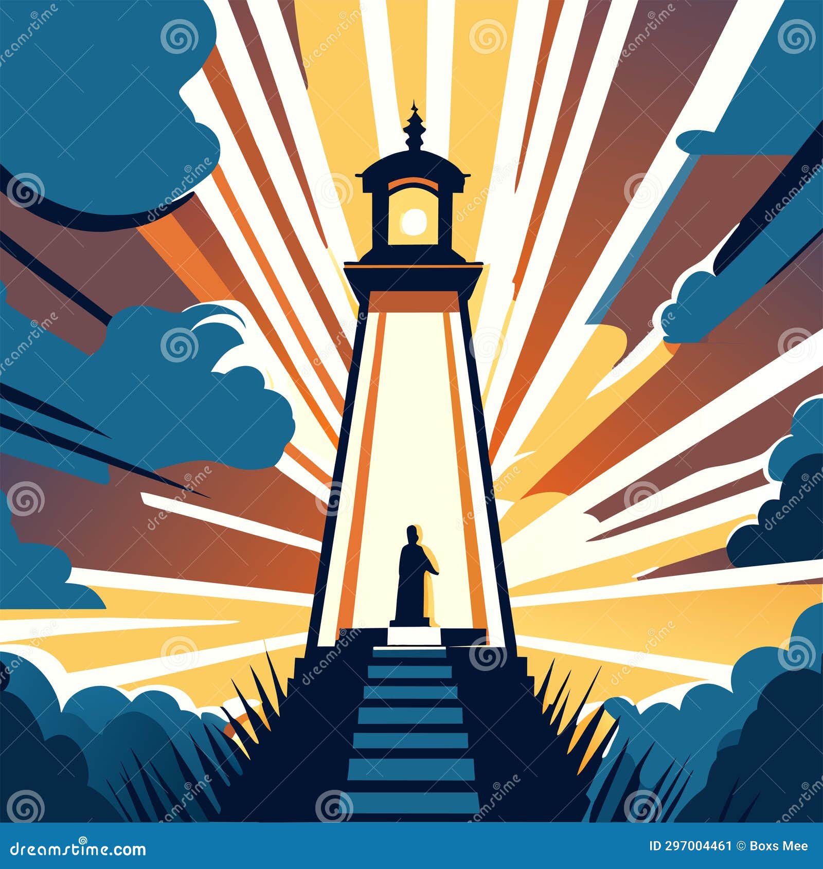 Lighthouse in the Rays of the Setting Sun. Vector Illustration Stock ...