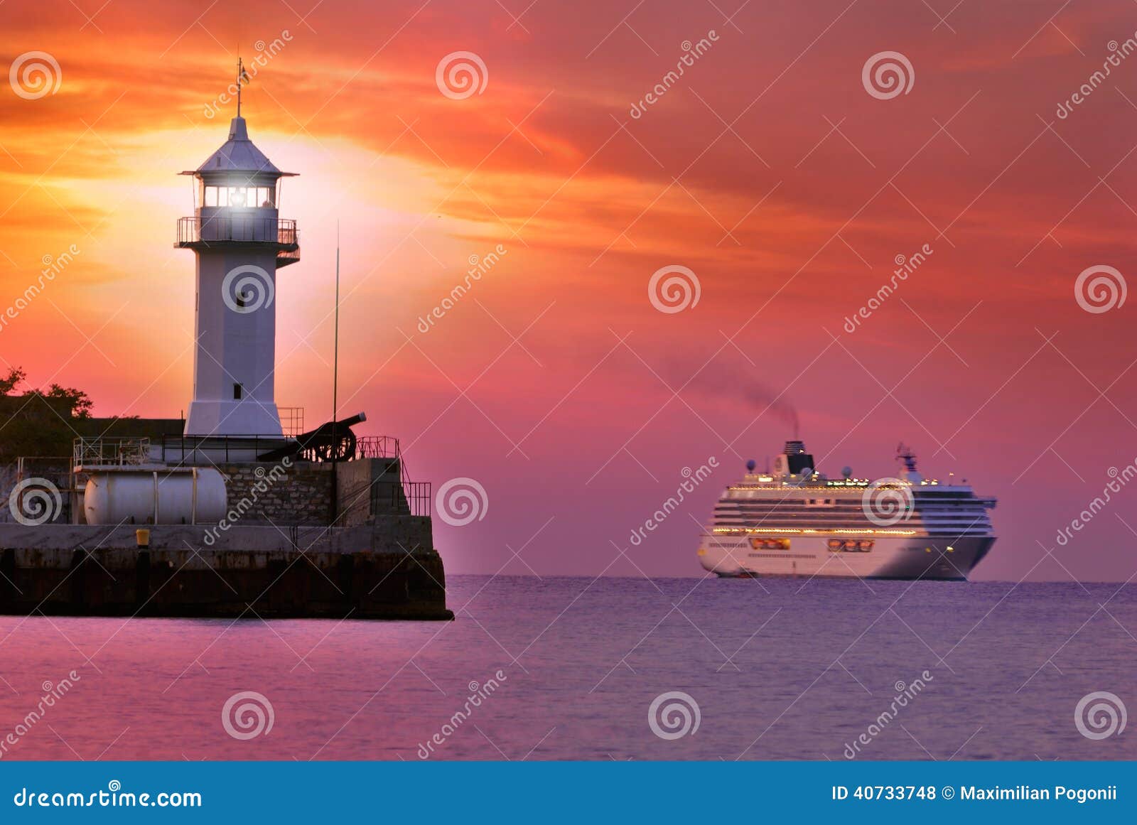 Lighthouse in Red Twilight with Ship Stock Photo - Image of guidance ...