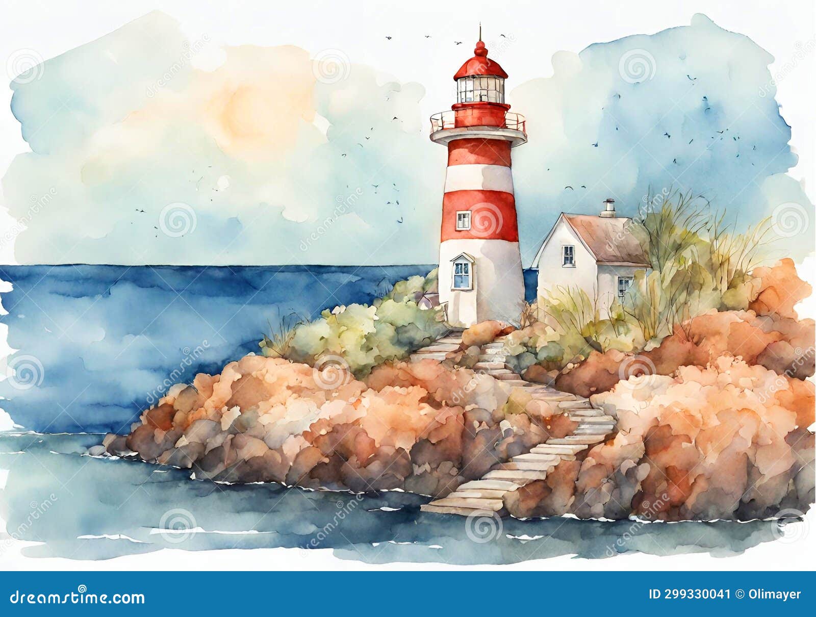 Watercolor Illustration of a a Lighthouse on the Reefs. Stock ...