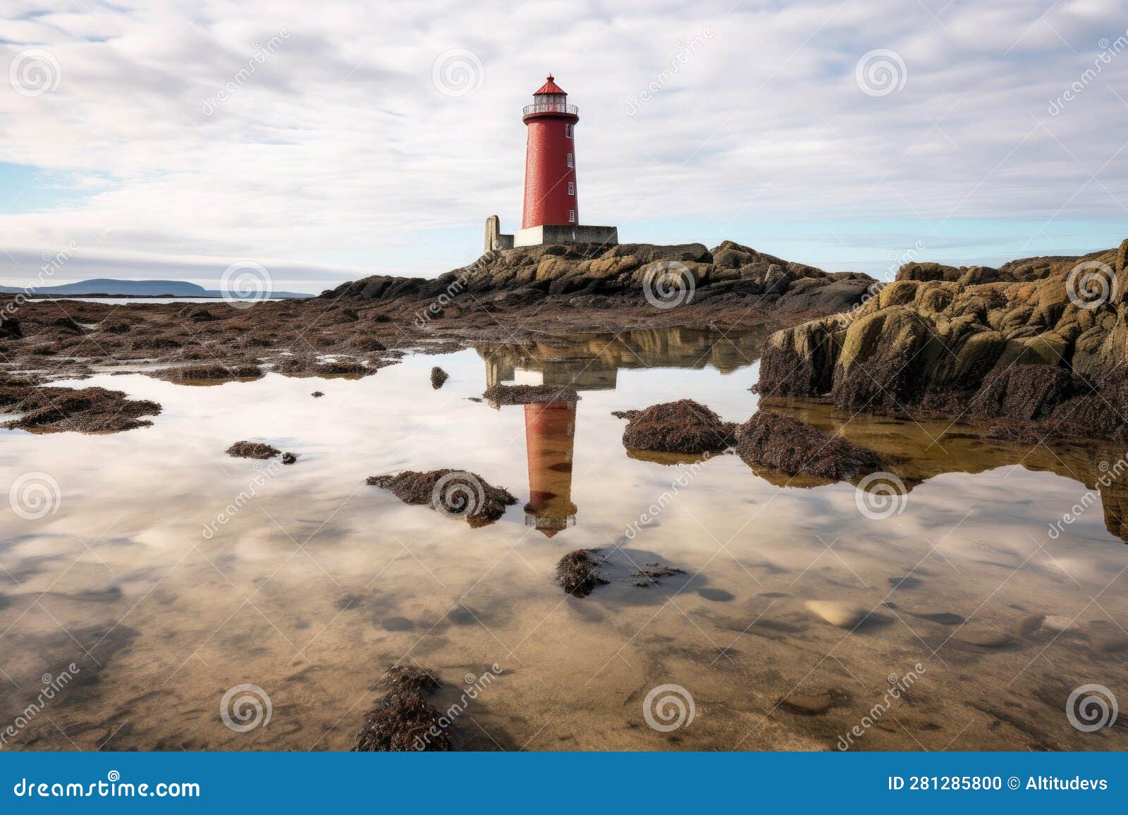 Lighthouse Reflected in Tidal Pools during Low Tide Stock Illustration ...